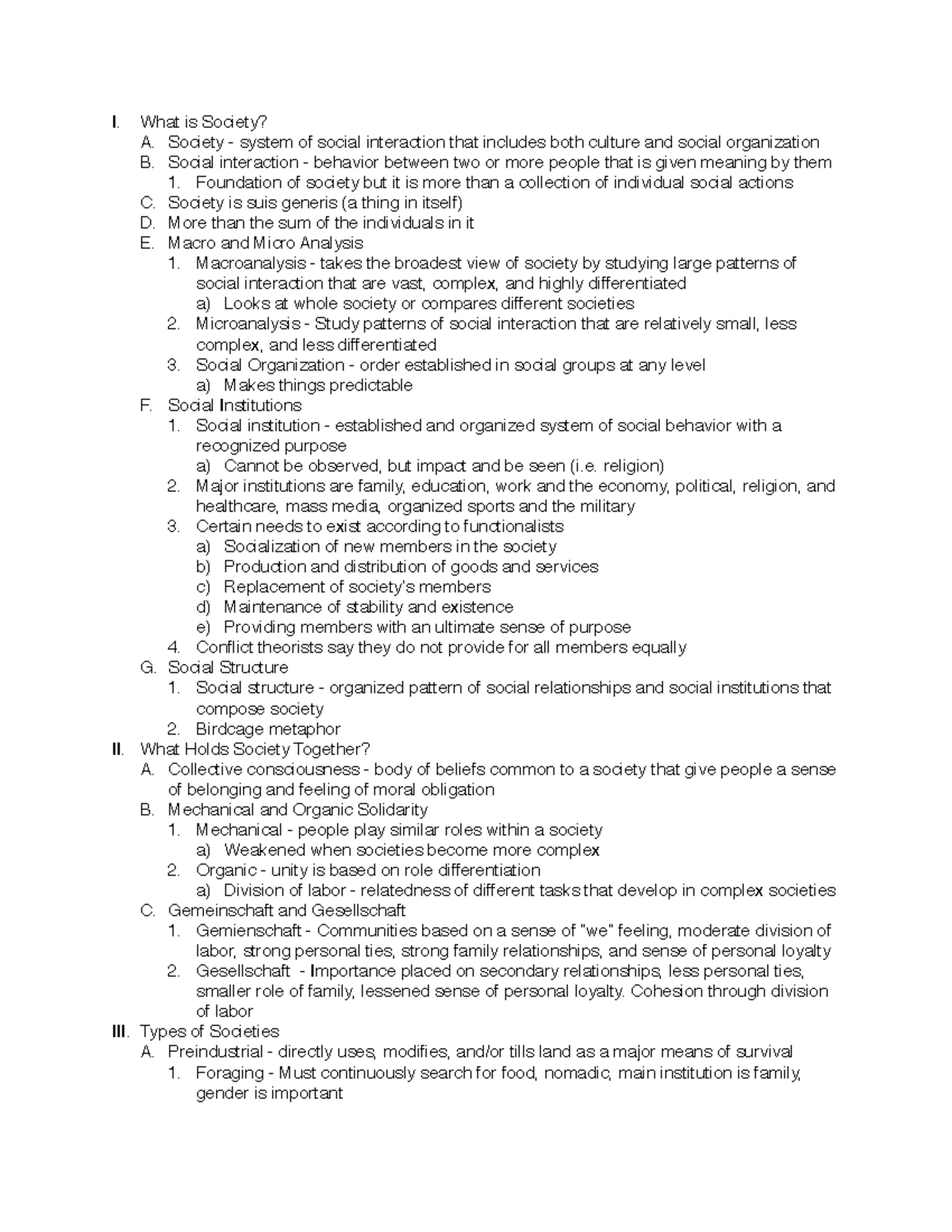 Sociology Chapter 5 - I. What is Society? A. Society - system of social ...