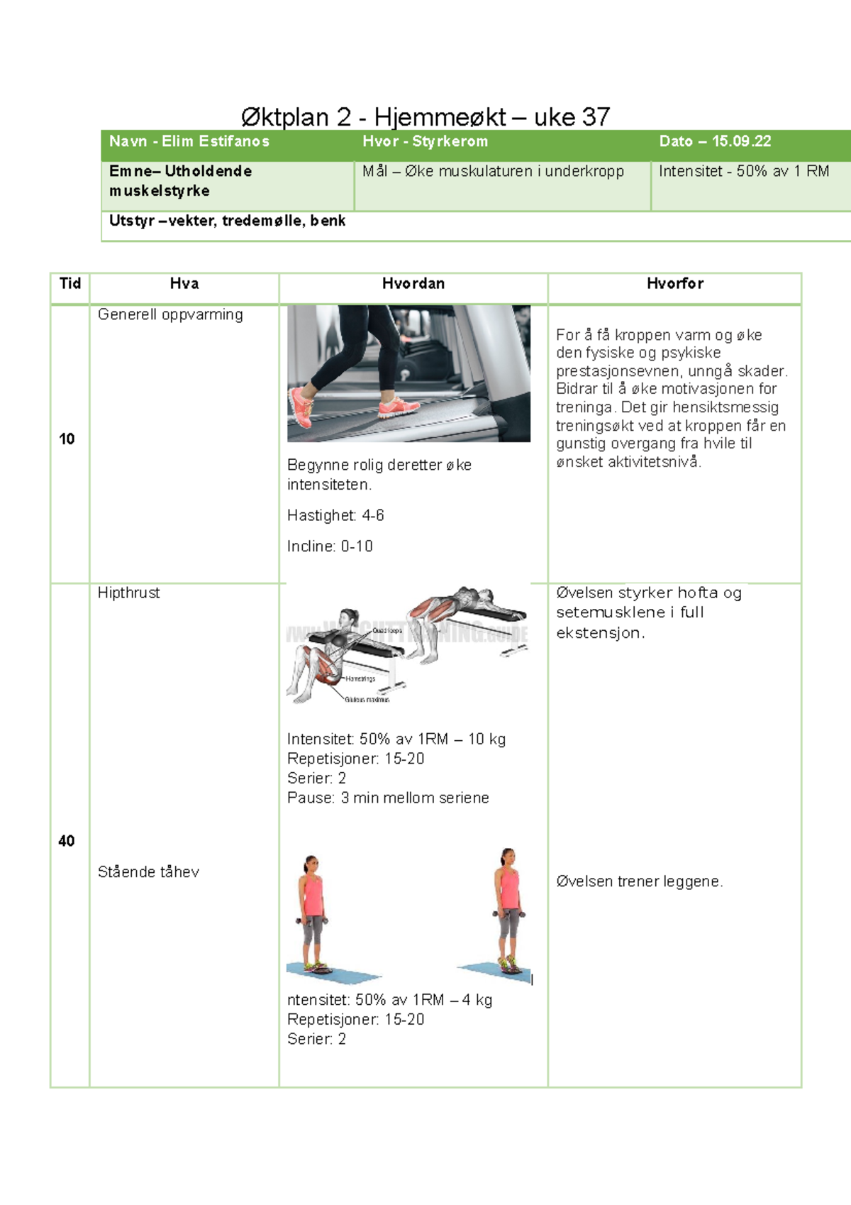 Øktplan 2 hjemmeøkt - Øktplan 2 - Hjemmeøkt – uke 37 Navn - Elim Estifanos Hvor - Styrkerom Dato ...