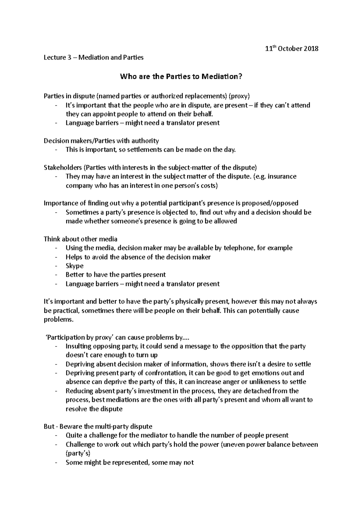 L3, Mediation and Parties - 11 th October 2018 Lecture 3 – Mediation ...