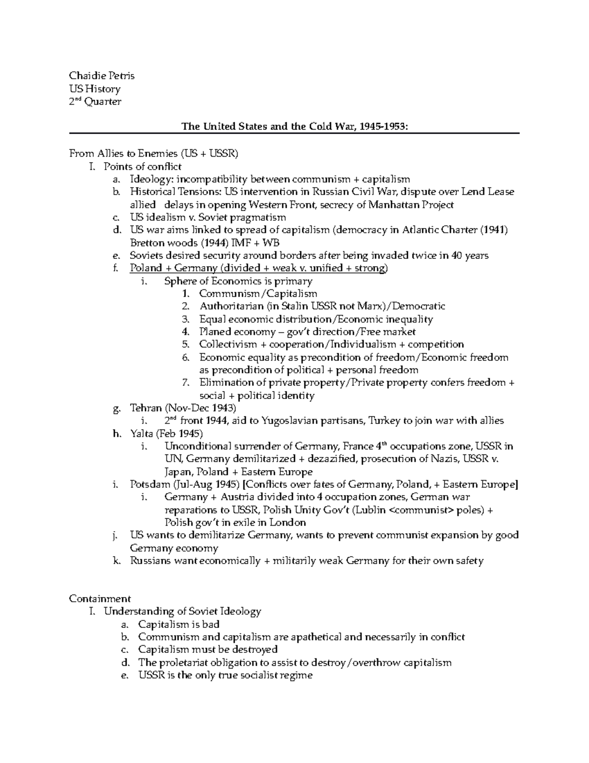 Cold War Notes - Chaidie Petris US History 2 nd Quarter The United ...
