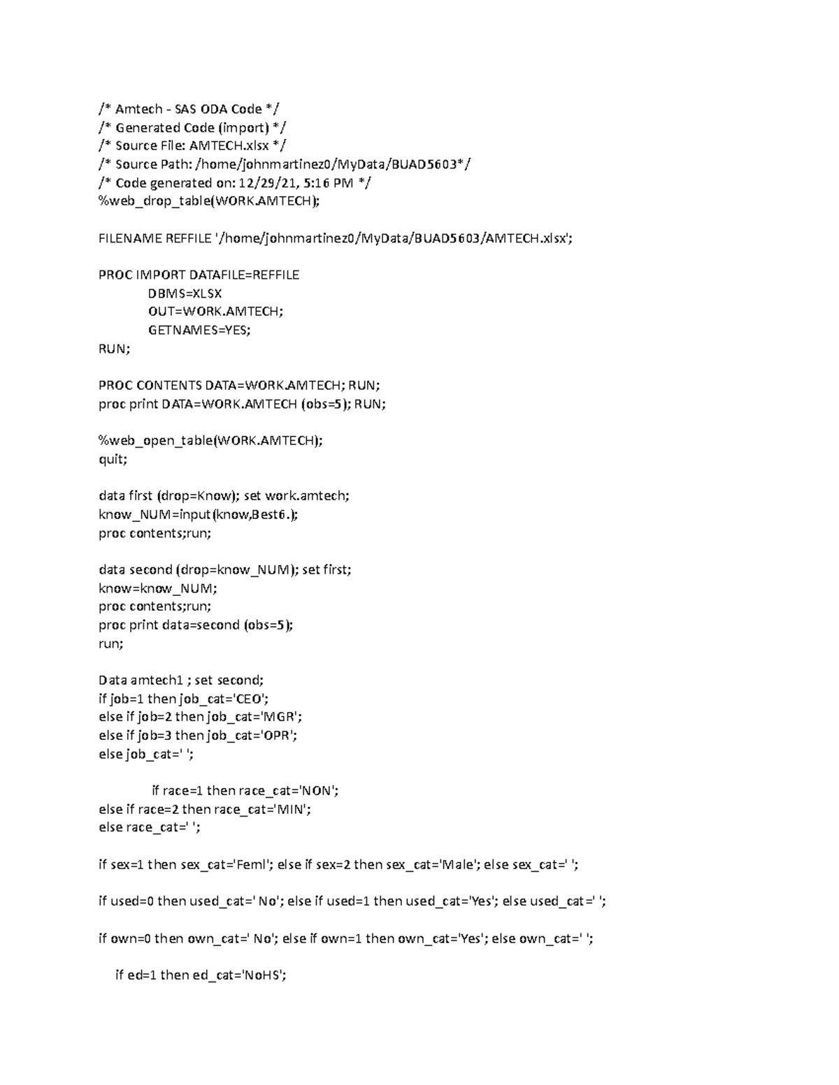 ODA CODE for Amtech - Managerial Case Code - /* Amtech - SAS ODA Code ...