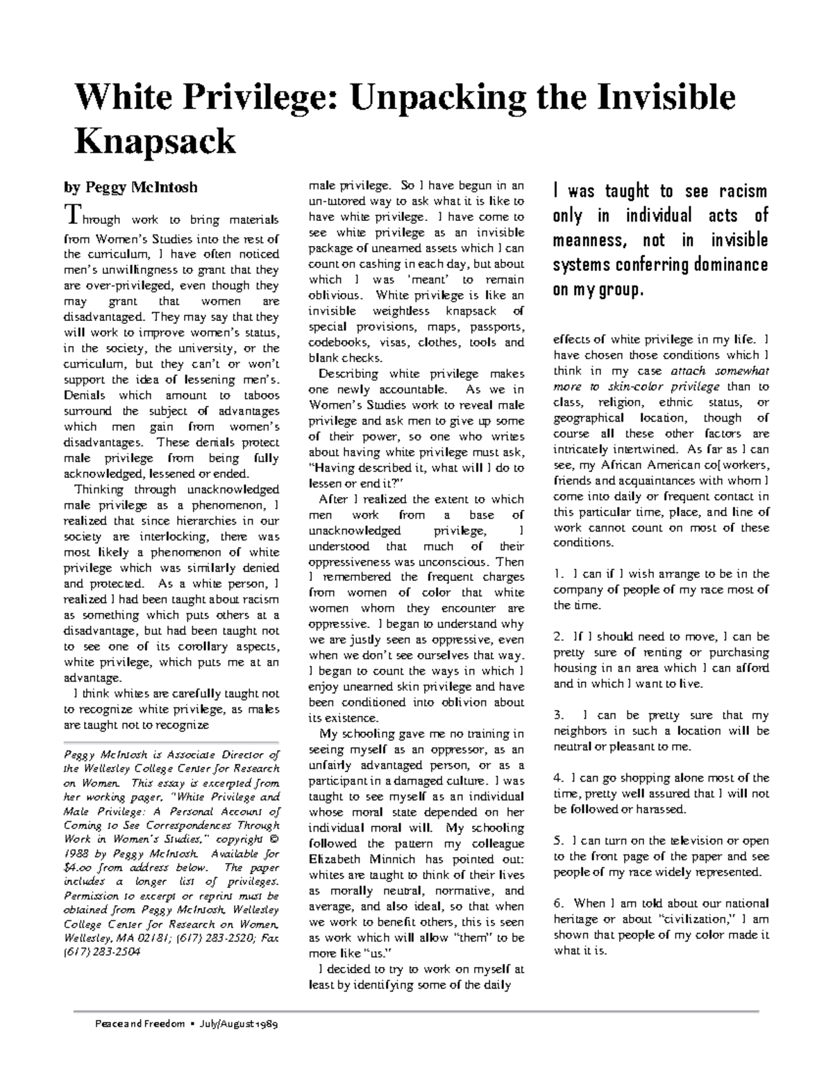 White Privilege Unpacking the Invisible - White Privilege: Unpacking ...