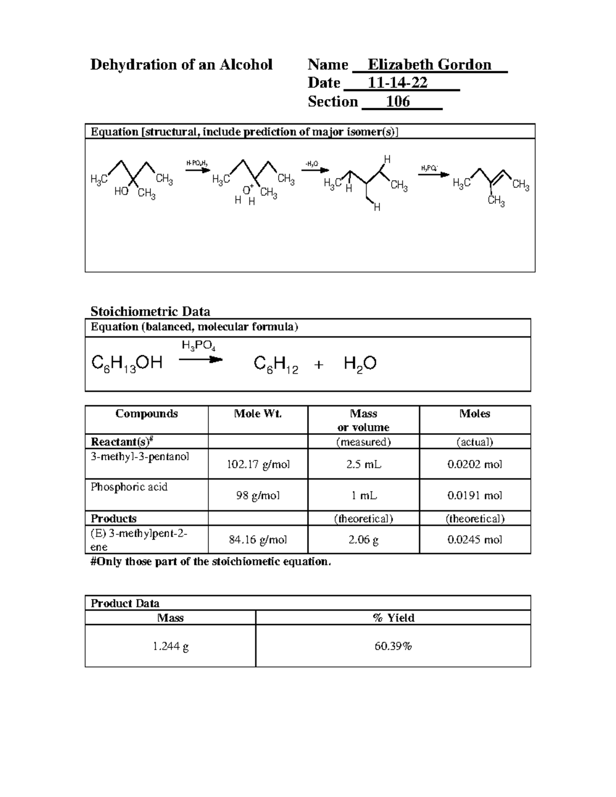 Dehydration Report - CHEM 3020 - Tennessee Tech - Studocu