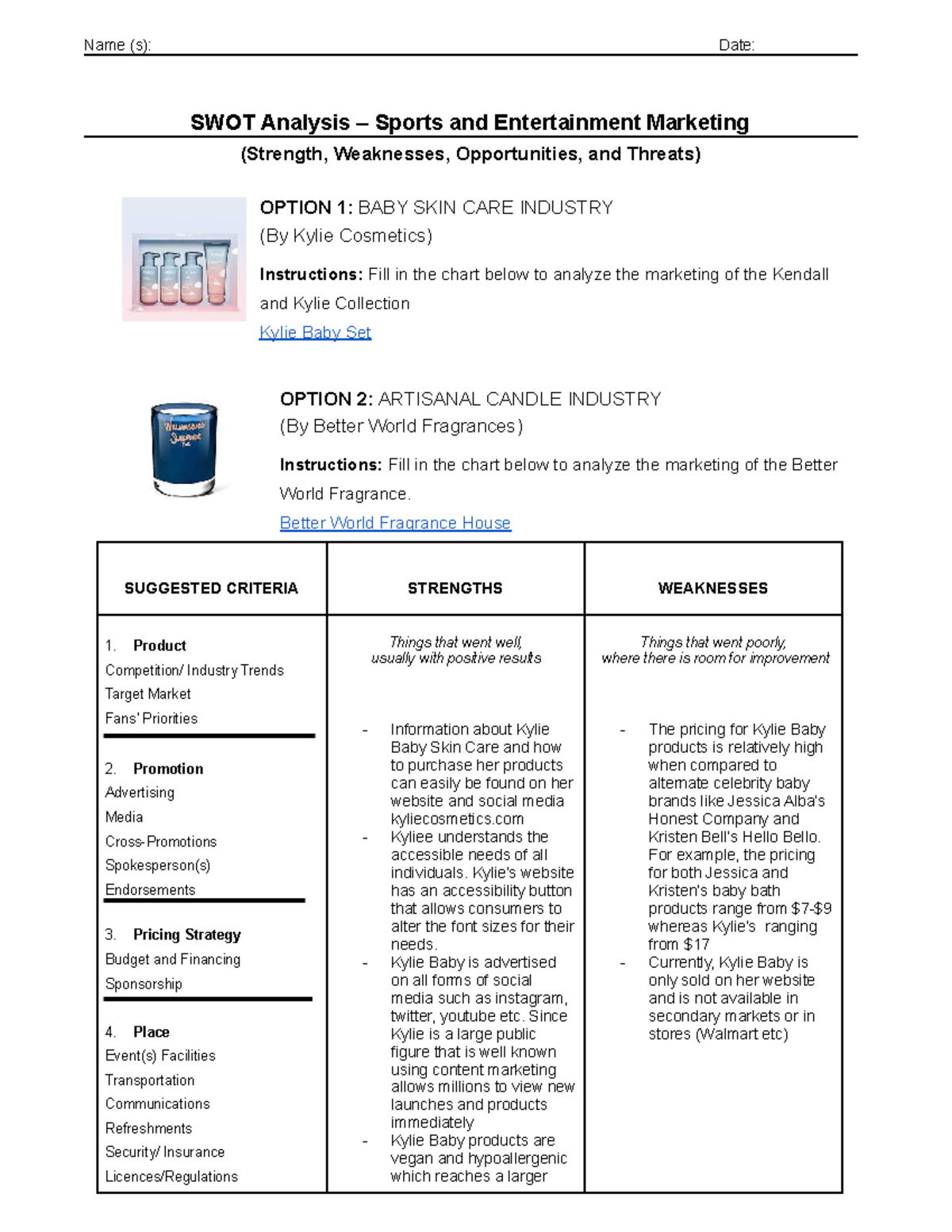 SWOT Analysis Handout - notes - Name (s): Date: SWOT Analysis – Sports ...