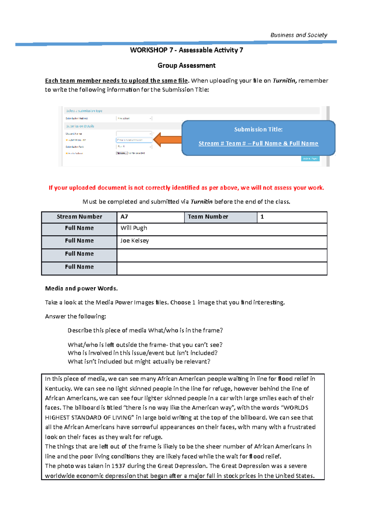 Workshop 7 worksheet final 2022 - WORKSHOP 7 - Assessable Activity 7 Group Assessment Each team ...