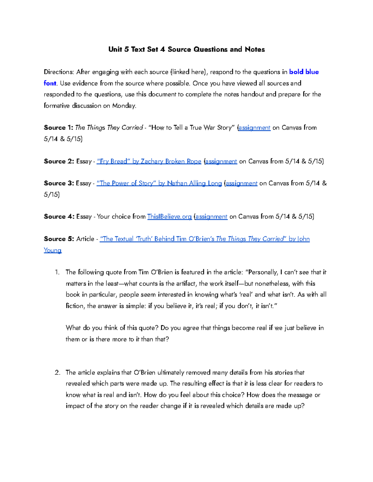 Unit 5 Text Set 4 Questions - Unit 5 Text Set 4 Source Questions and ...