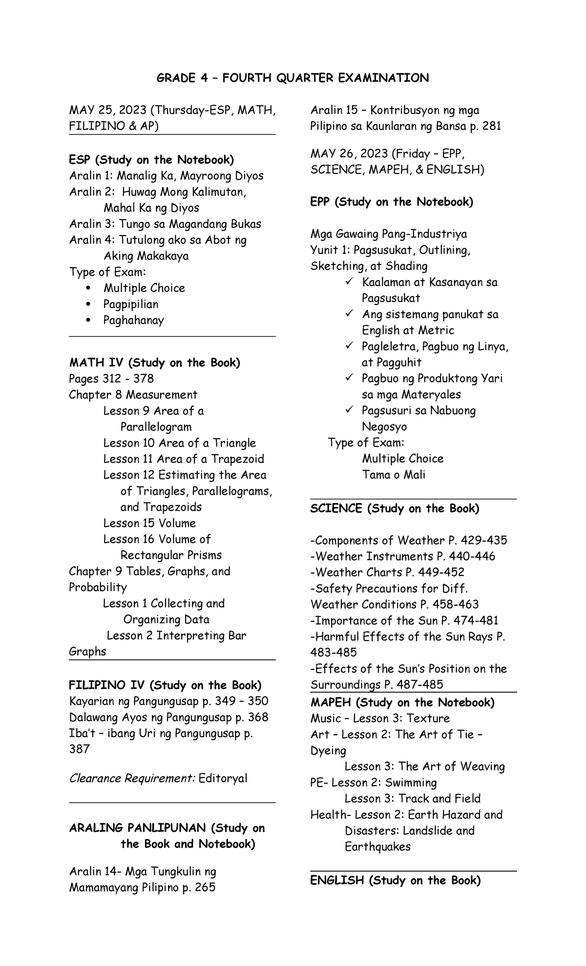 Grade 4 Monthly Examination (April) - GRADE 4 – FOURTH QUARTER ...
