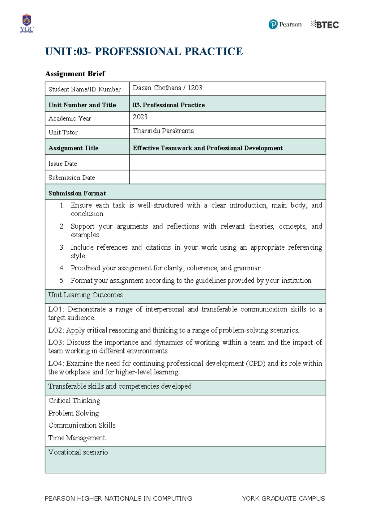 Professional Practice By Dasan Chethana - UNIT:03- PROFESSIONAL PRACTICE Assignment Brief ...