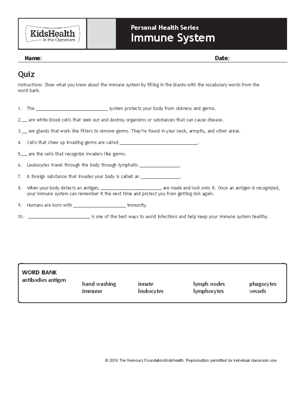 Immune system quiz - I don't know bruh - WORD BANK antibodies antigen ...