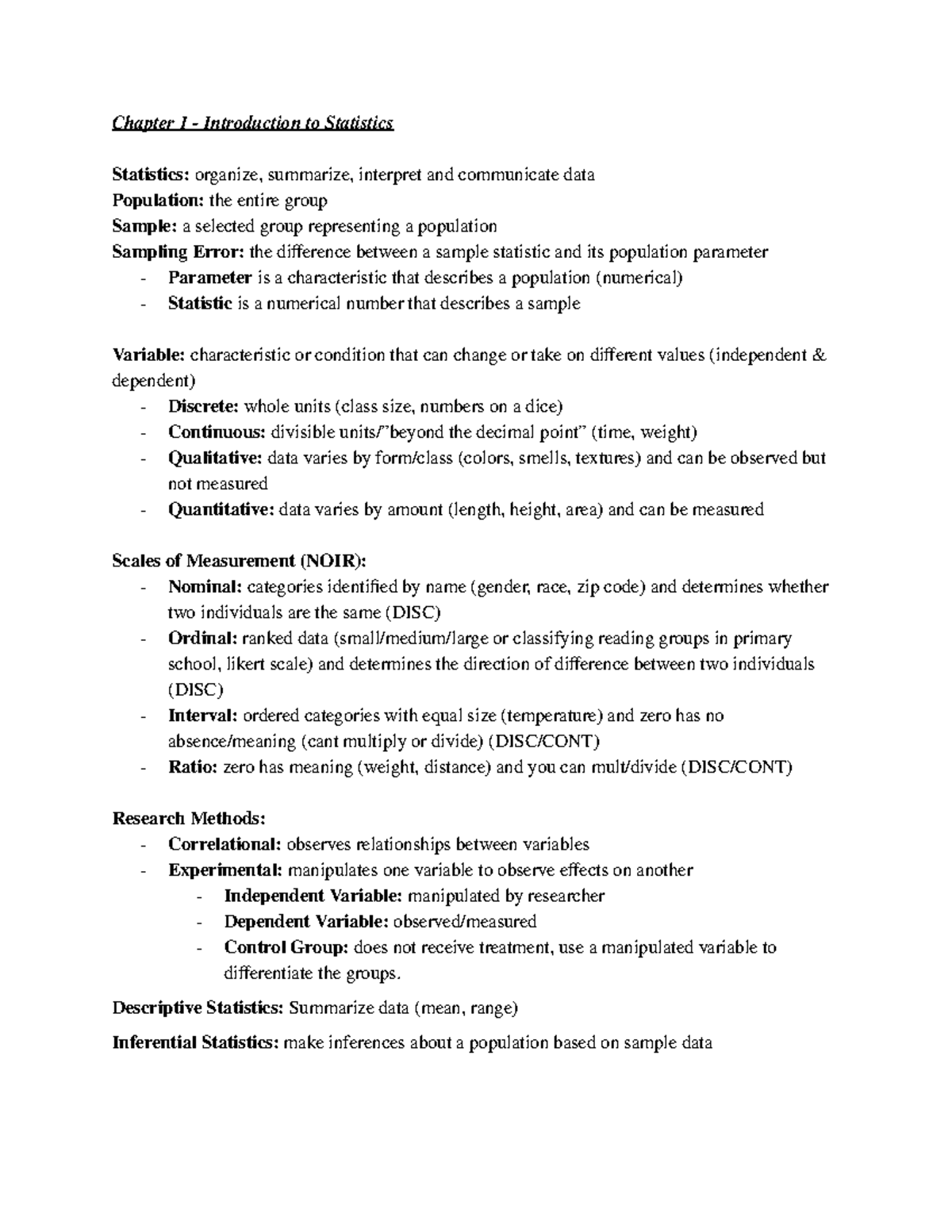 PSYCH 248 Exam 1 Review Guide - Chapter 1 - Introduction to Statistics ...