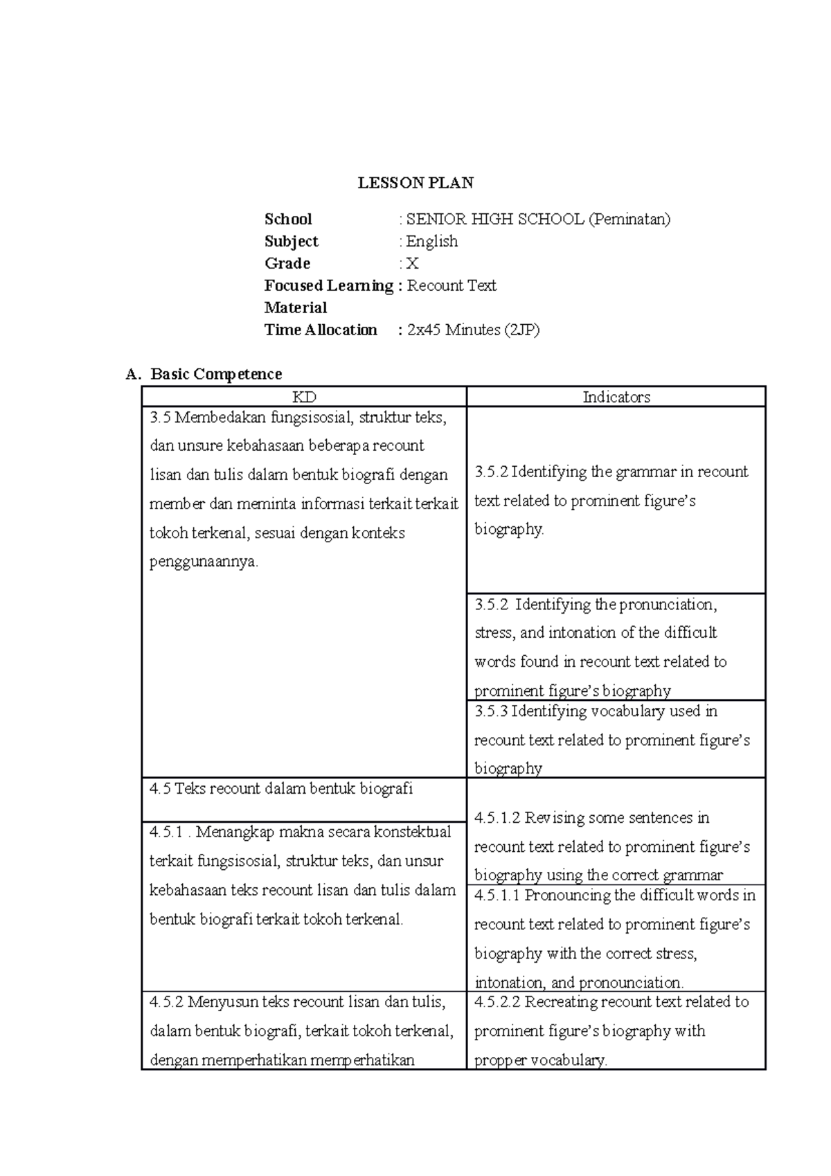 Lesson Plan Recount Text Grade X - LESSON PLAN School : SENIOR HIGH ...