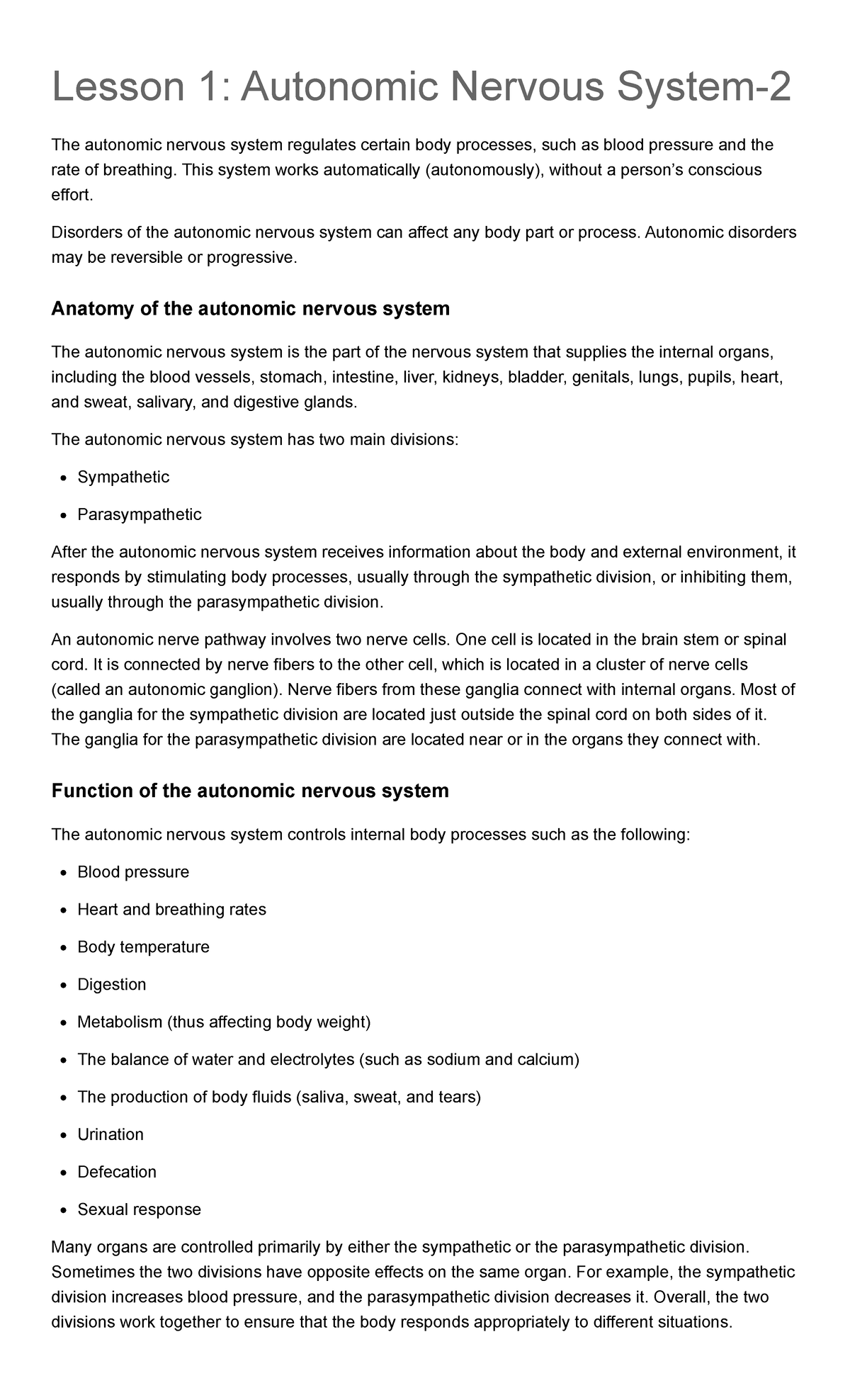 Lesson 1 Autonomic Nervous System-2 Anatomy and Physiology of Human ...