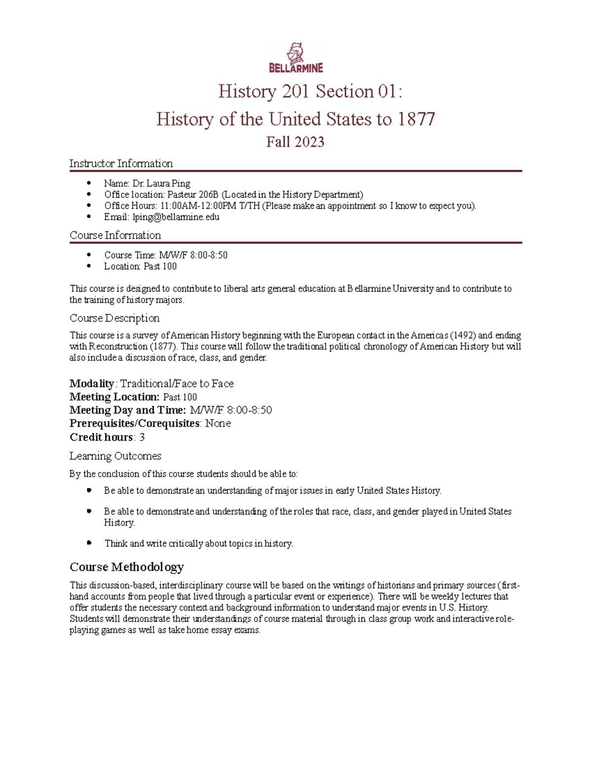 Fall 2023 Hist 201.01 docx - History 201 Section 01: History of the ...