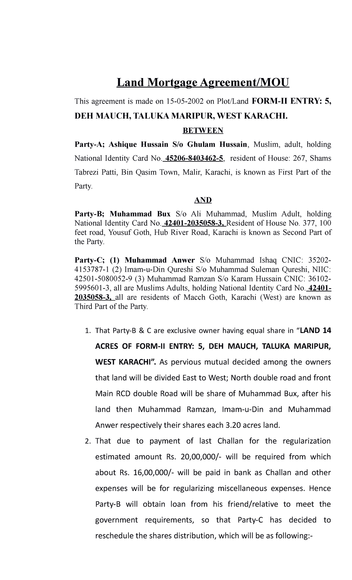 Mortgage Agreement - Land Mortgage Agreement/MOU This agreement is made ...