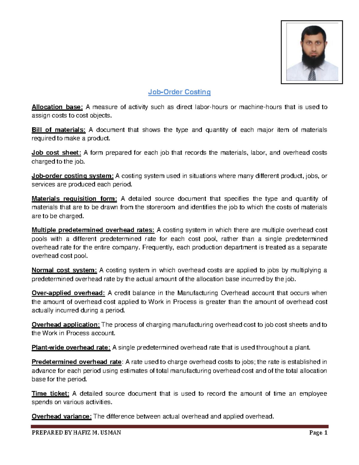 CMA short Definitions & Concepts - Job-Order Costing Allocation base ...