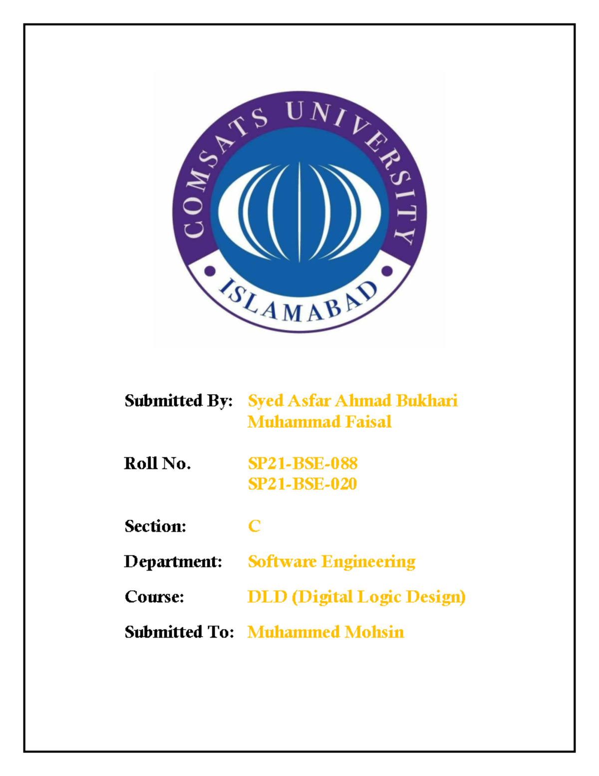 DLD Lab Report # 5 - Submitted By: Syed Asfar Ahmad Bukhari Muhammad ...