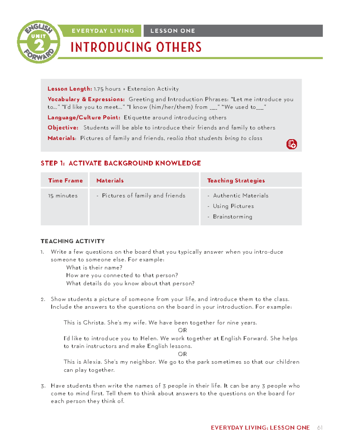 Int 2.1 Introducing Others - INTRODUCING OTHERS Lesson Length: 1 hours ...