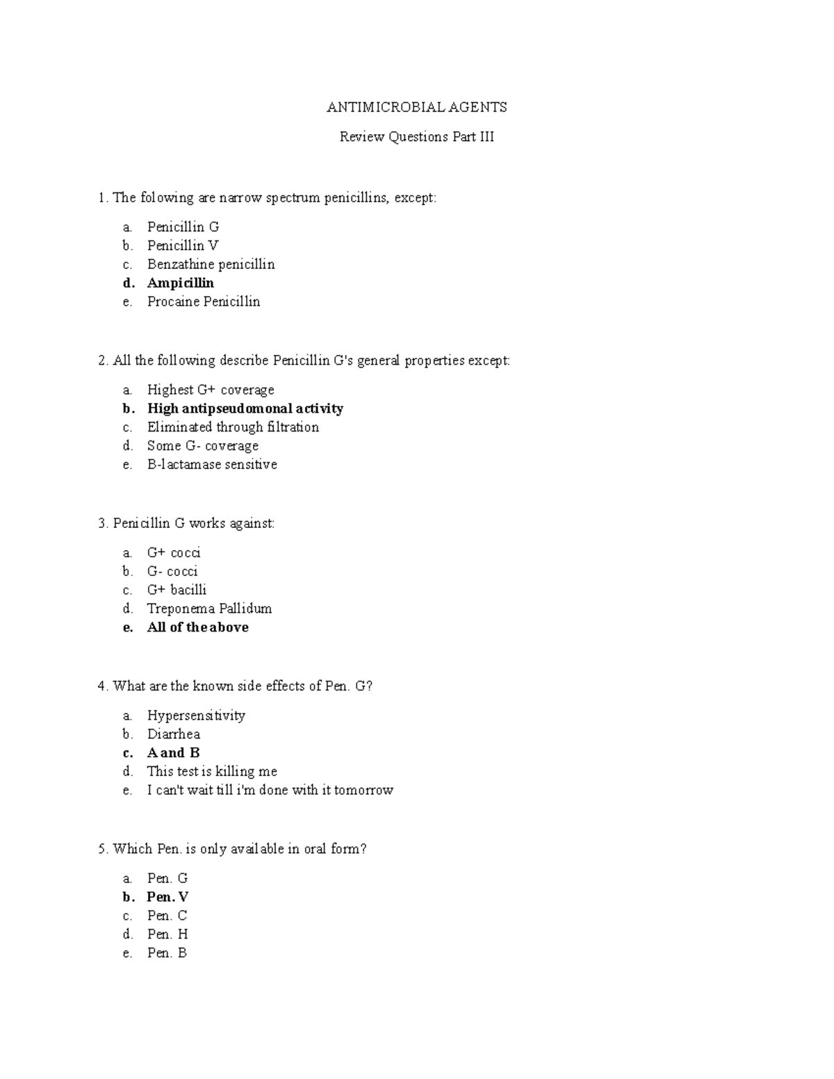 Antimicrobial Agents PART 3 - ANTIMICROBIAL AGENTS Review Questions ...
