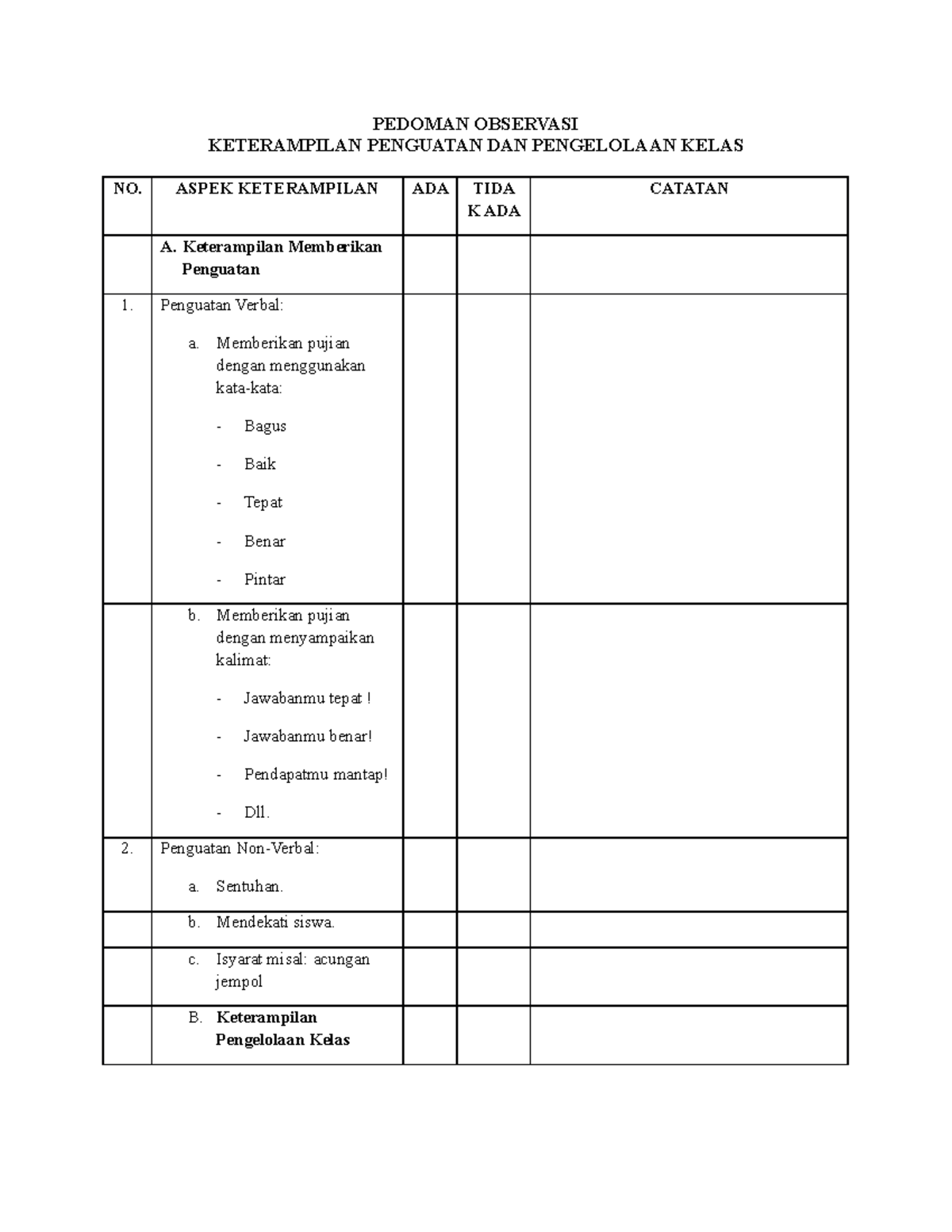 Format observasi keterampilan penguatan dan pengelolaan kelas - PEDOMAN ...