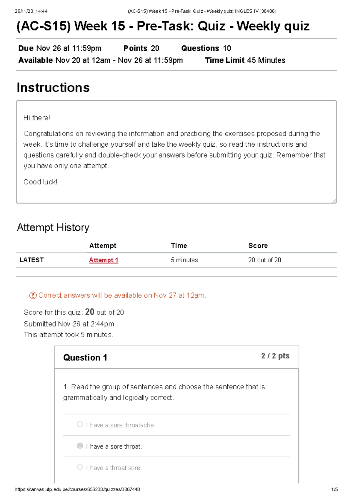 (AC-S15) Week 15 - Pre-Task Quiz - Weekly quiz Ingles IV (36486) - (AC ...