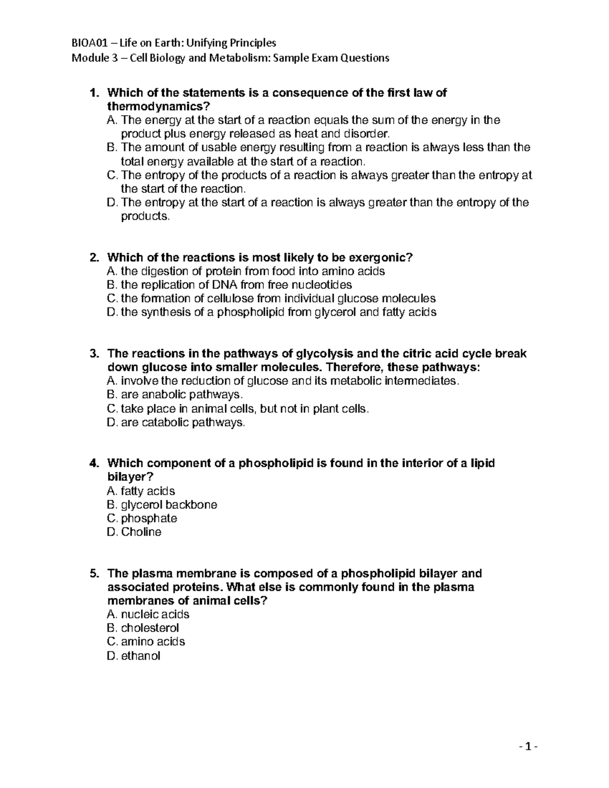 2023-Sample Qs - BIOA01 exam final sample questions - Module 3 – Cell ...