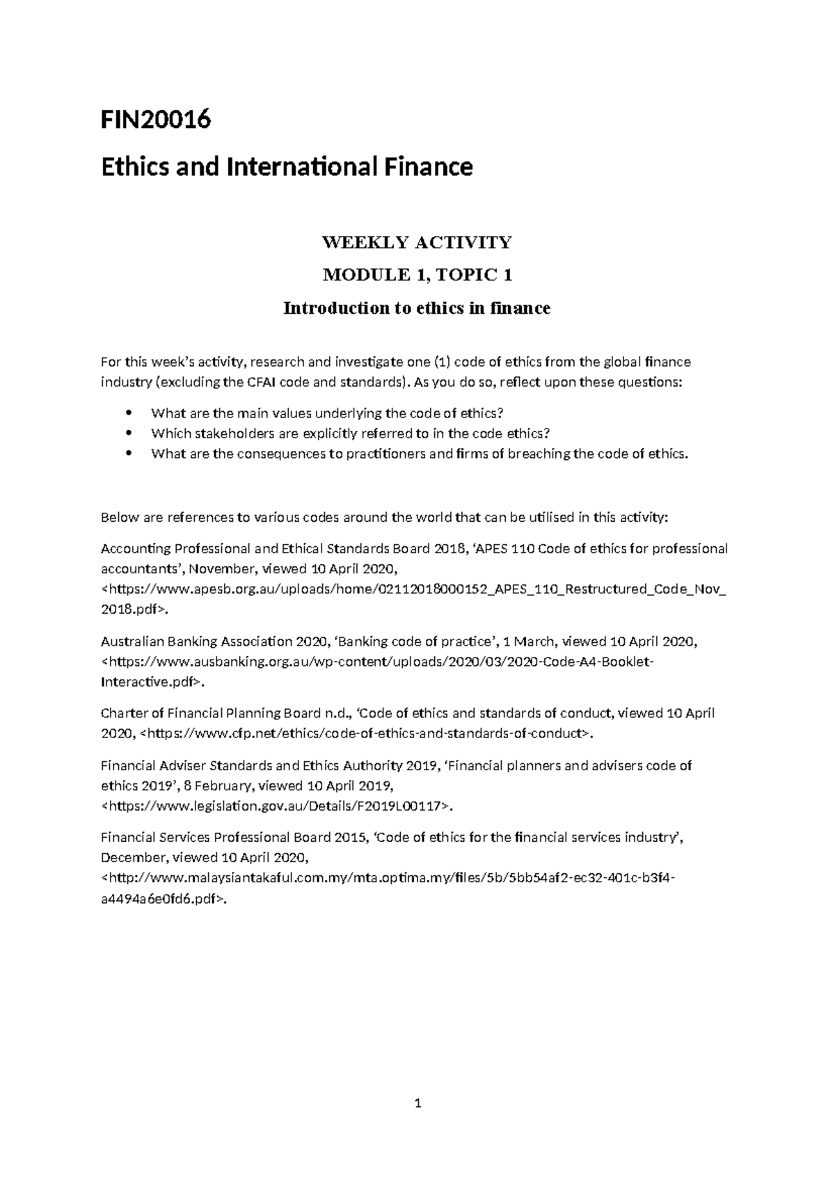FIN2001 6 Mod1 Topic 1 Activity v1 - FIN Ethics and International Finance WEEKLY ACTIVITY MODULE ...