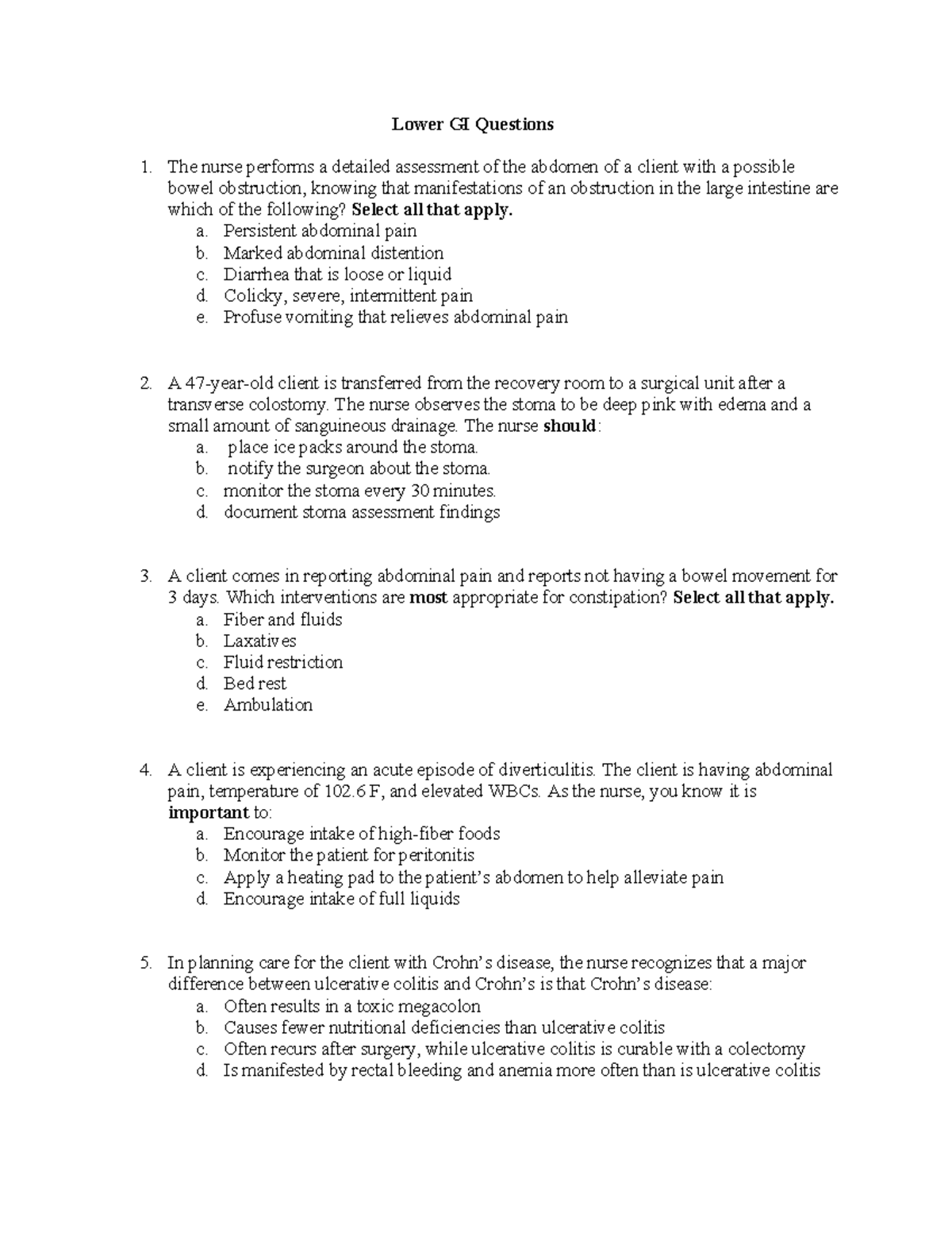 520 Lower GI Practice Questions - Lower GI Questions The nurse performs ...