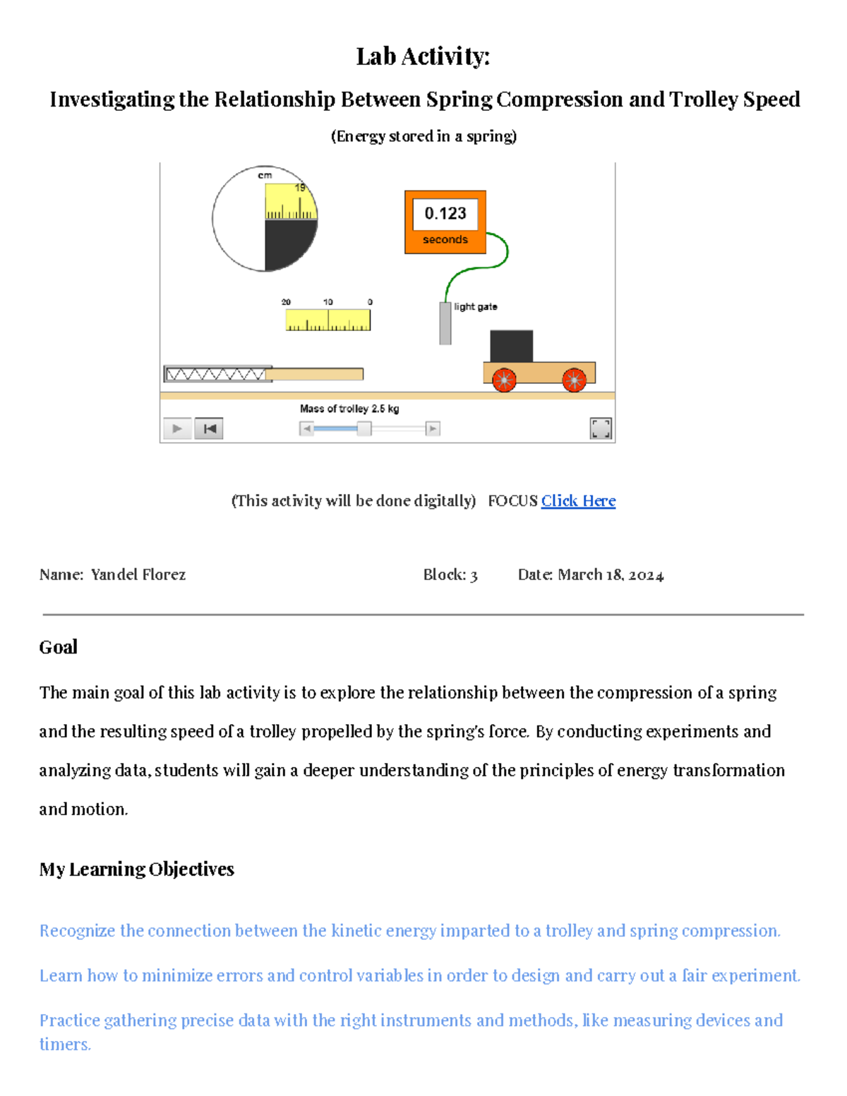 Energy stored in a spring - Google Docs - Lab Activity: Investigating ...