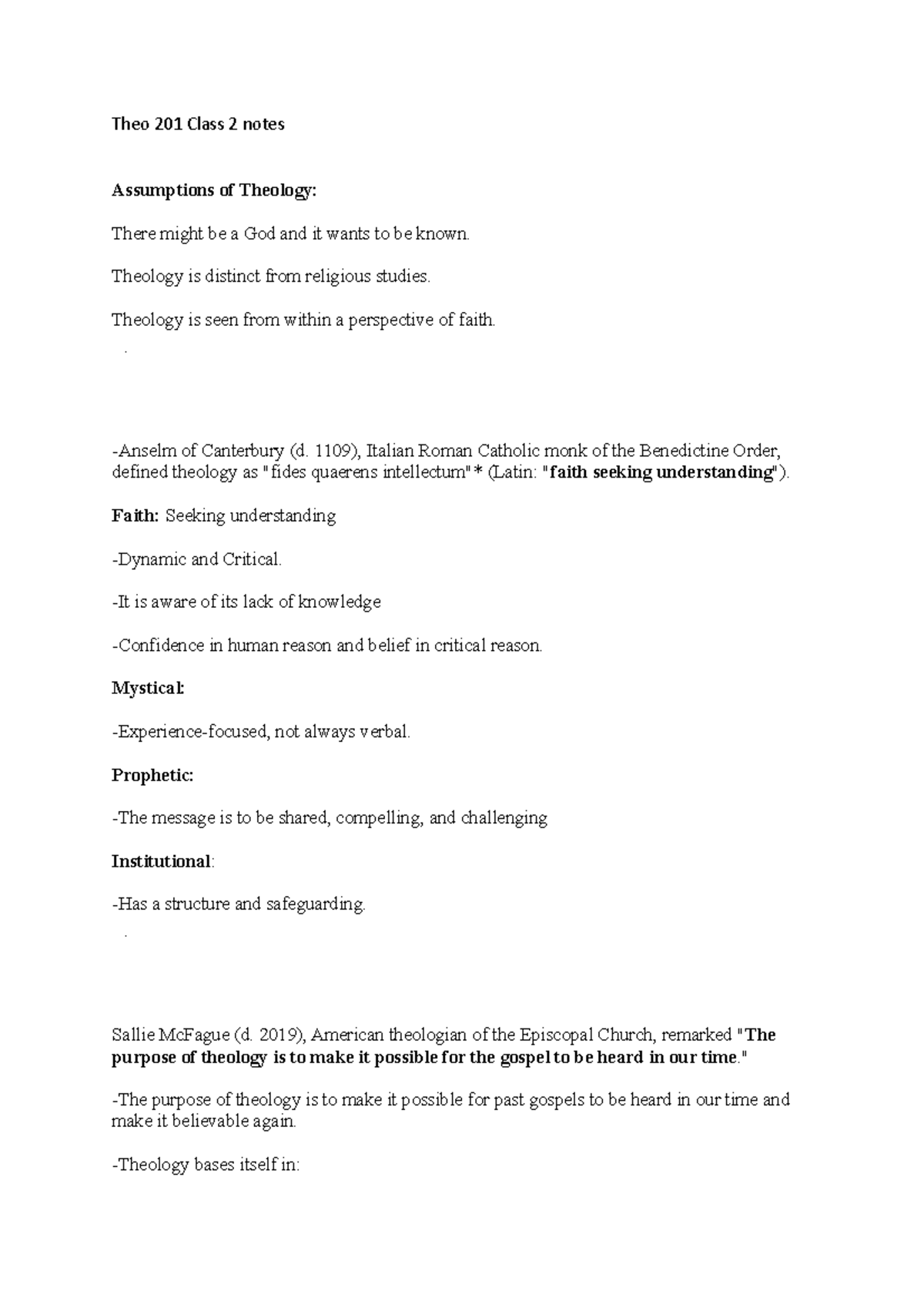 Theo 201 Class 2 notes - Theo 201 Class 2 notes Assumptions of Theology ...