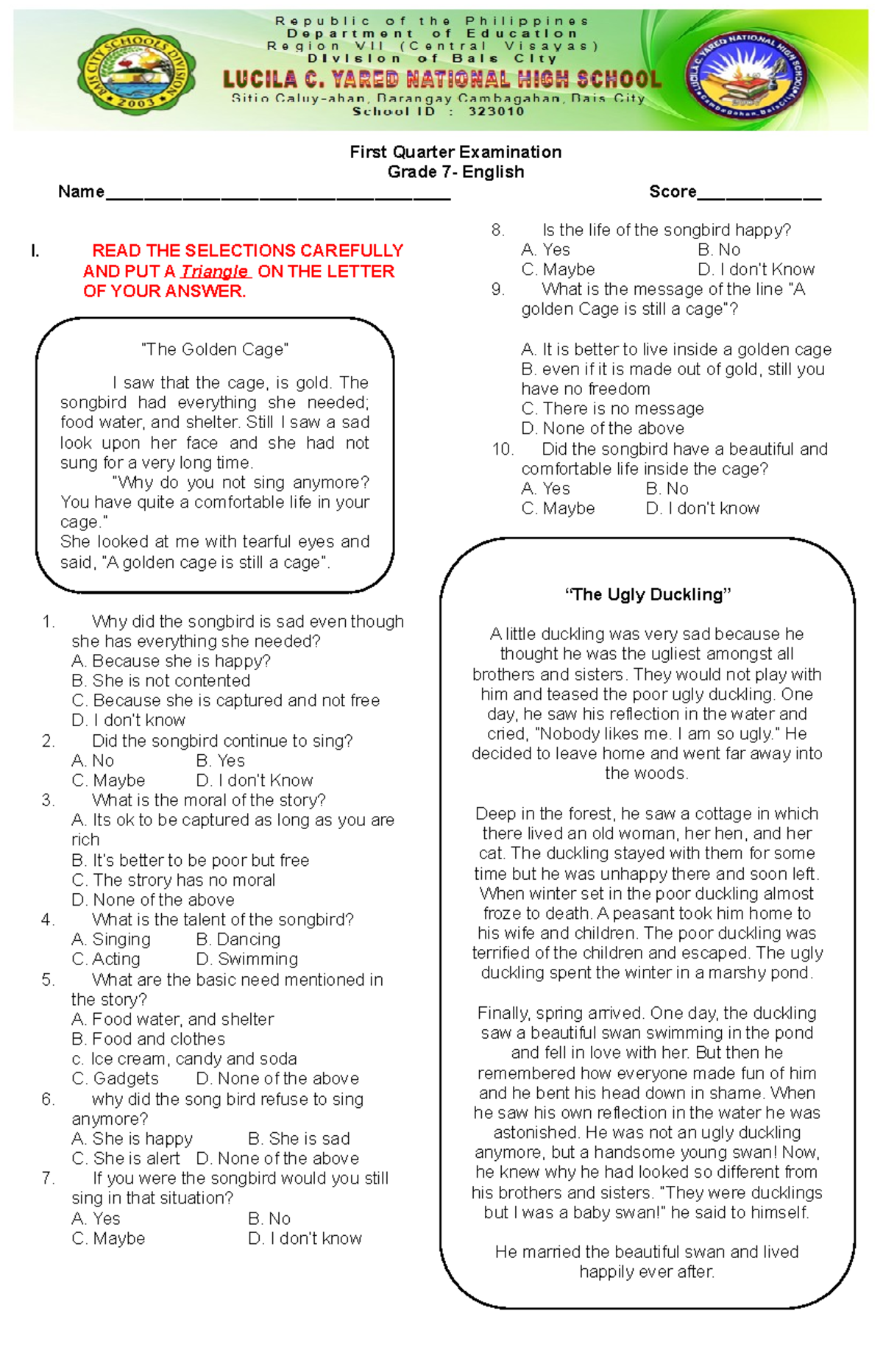 First Quarter TEST English 7 - I. READ THE SELECTIONS CAREFULLY AND PUT ...