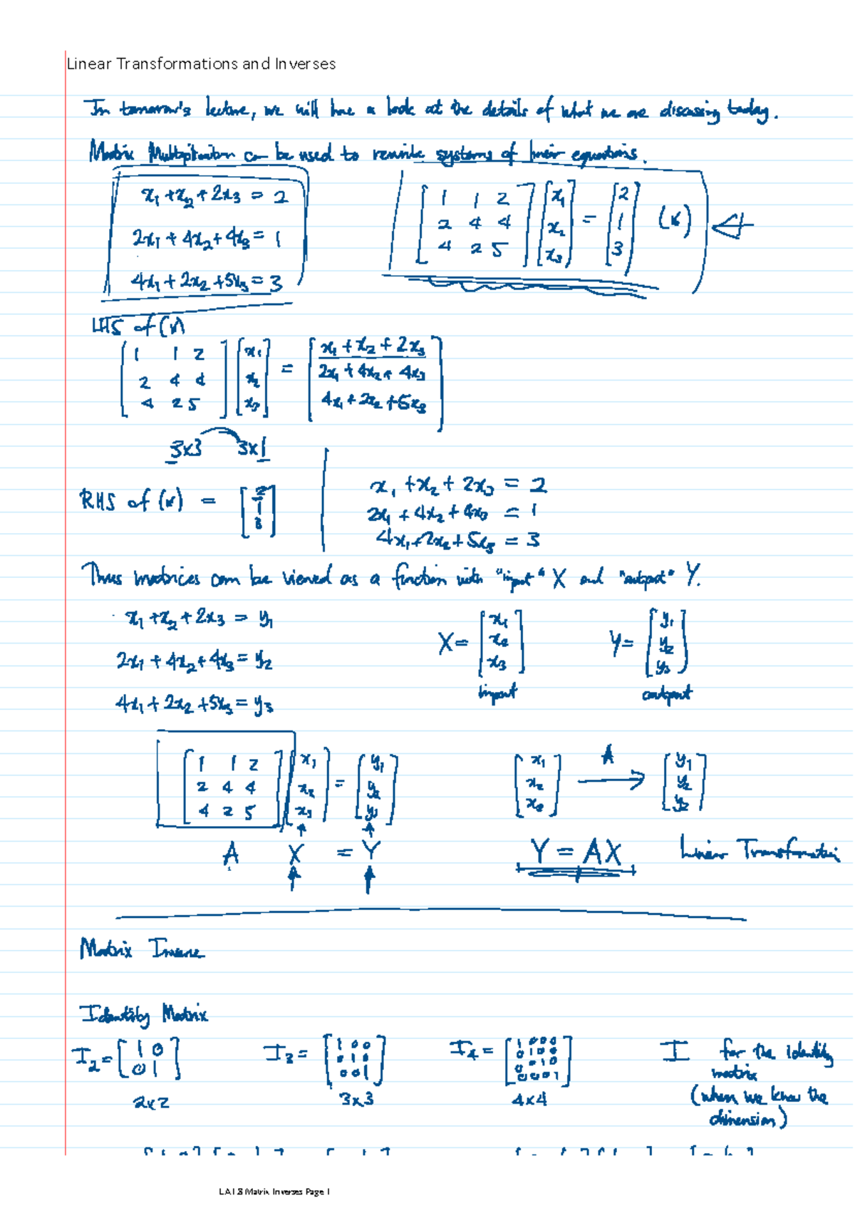 LA1 Section 6, 7, 8a Linear Transformations and Inverses (2024-08-12) - MATH140 - Linear - Studocu