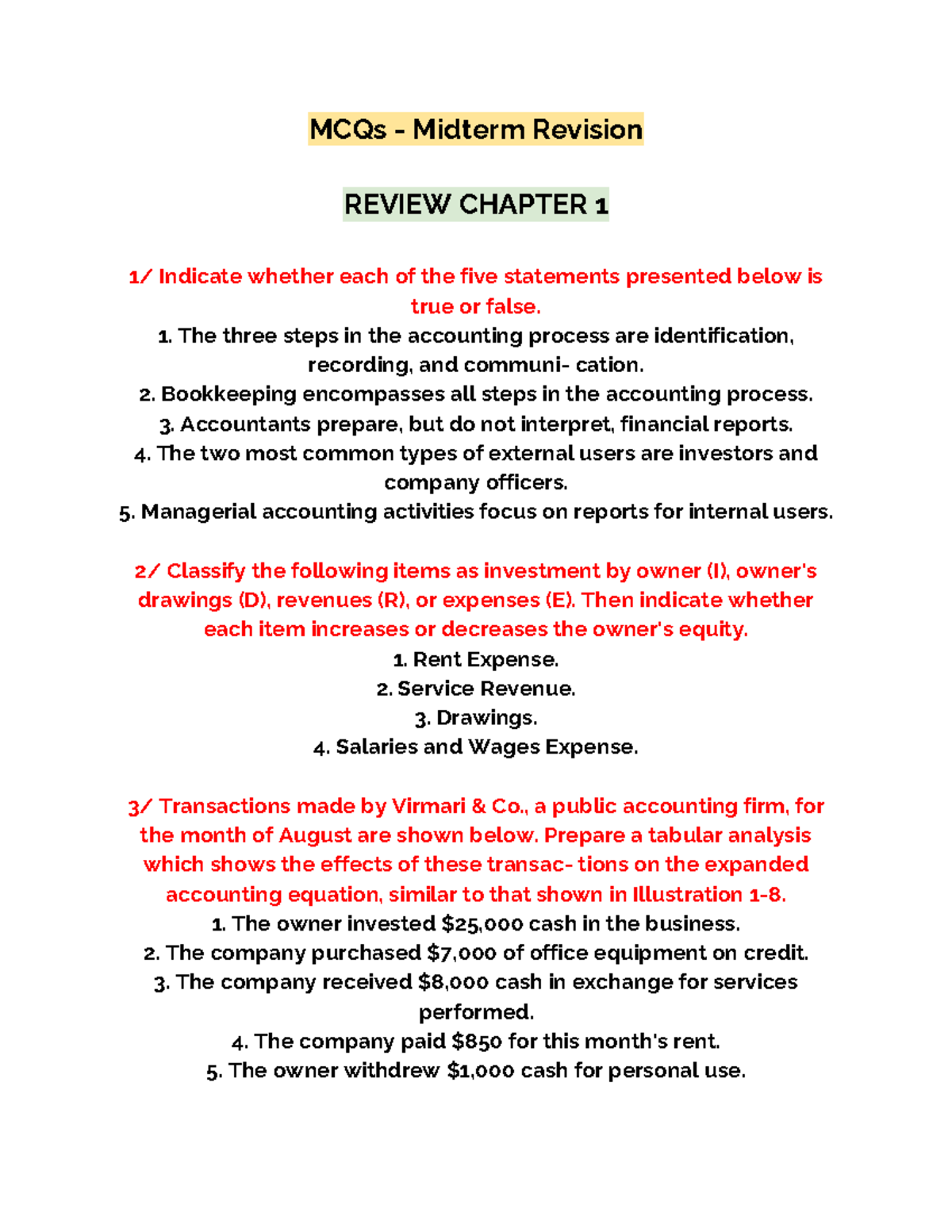 MCQs-Midterm-Revision - MCQs - Midterm Revision REVIEW CHAPTER 1 1/ Indicate whether each of the ...