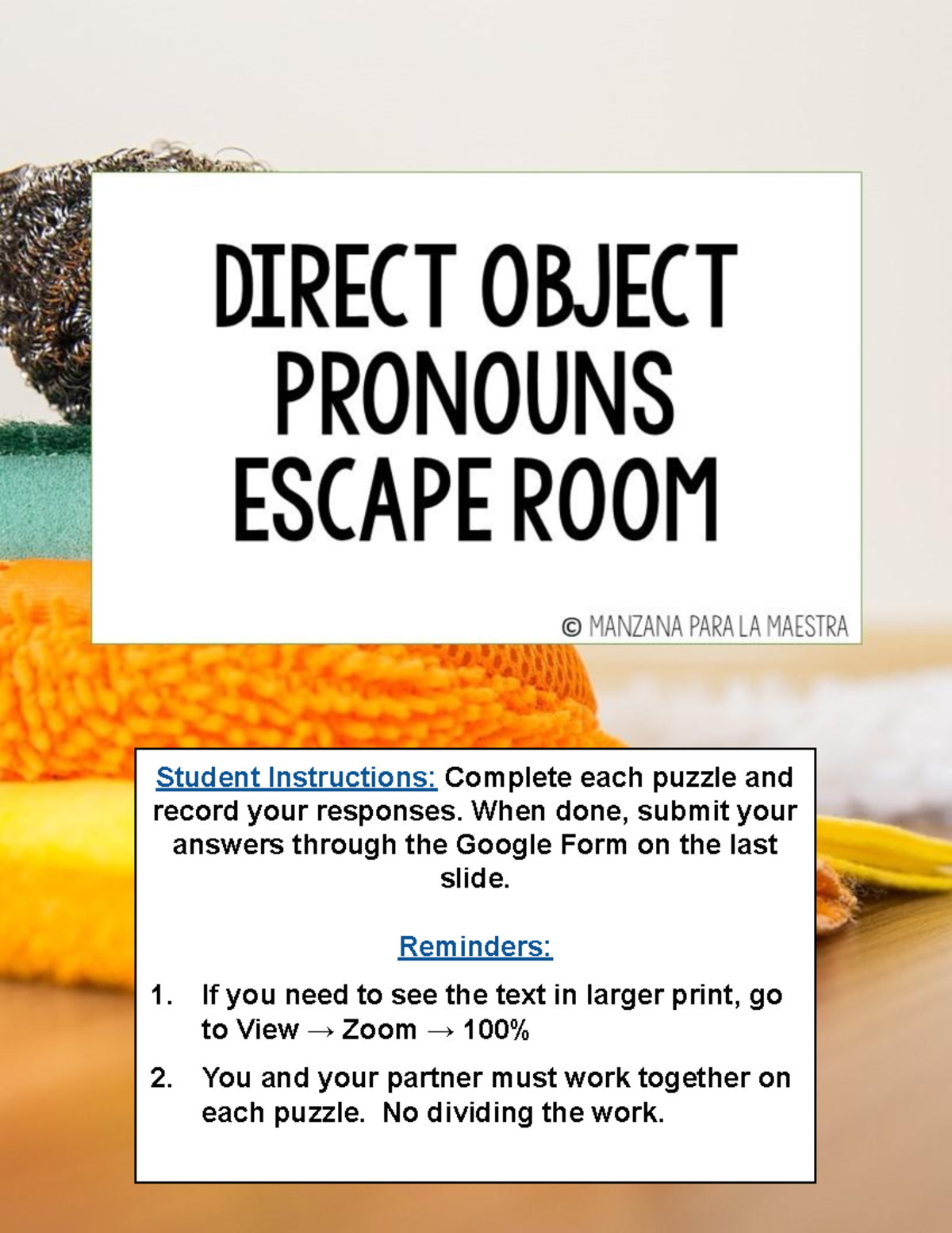 Copy of Direct Object Pronouns Escape Room - Student Instructions ...