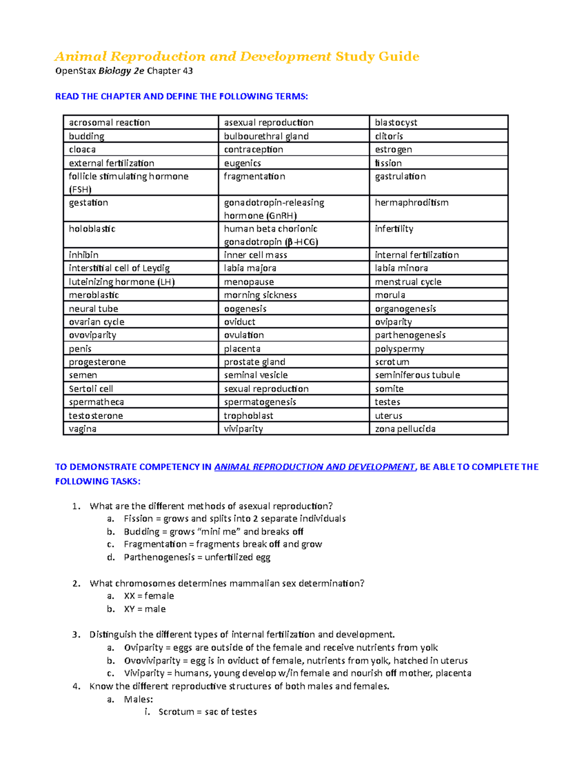 Ch 43 Animal Reproduction and Development Study Guide - Animal ...