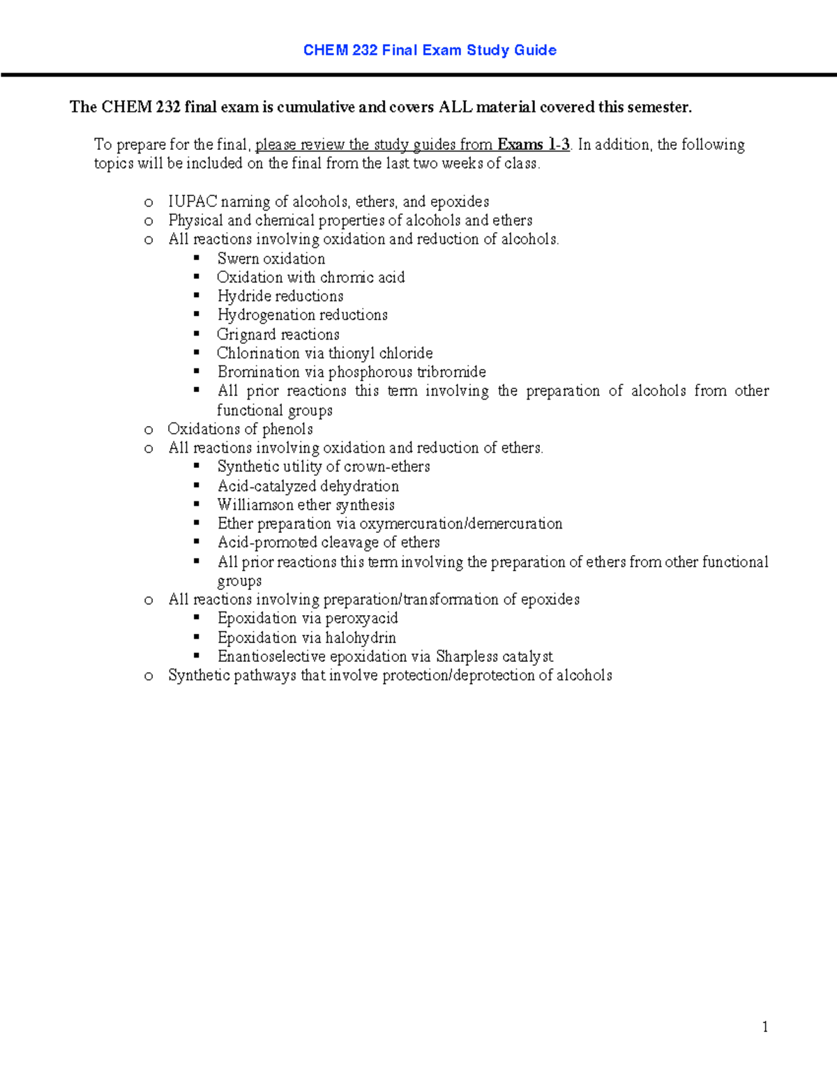 Final Exam Study Guide - CHEM 232 S- 2021 FINAL EXAM – STUDY GUIDE 1 ...
