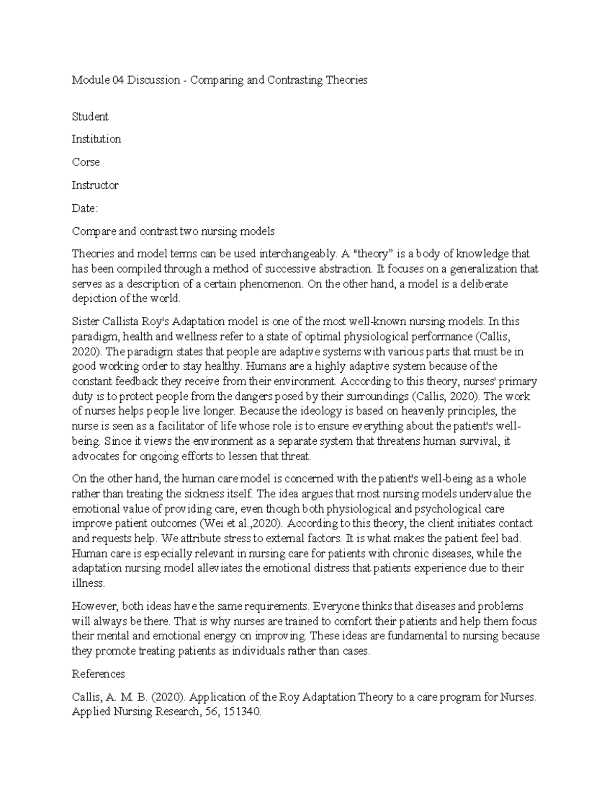 Module 04 NUR2058 -Discussion - Module 04 Discussion - Comparing and ...