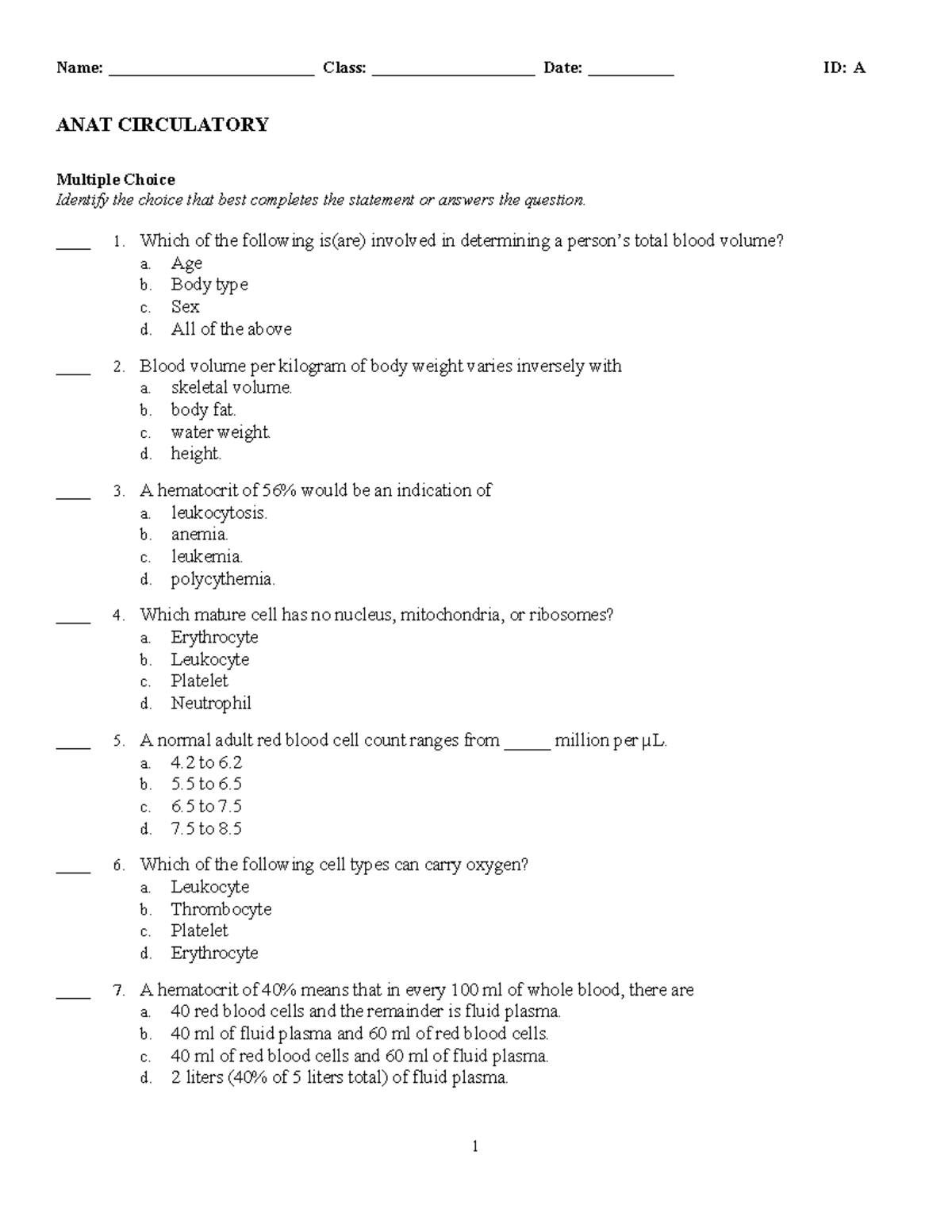 Circulatory system - Name: ________________________ Class ...
