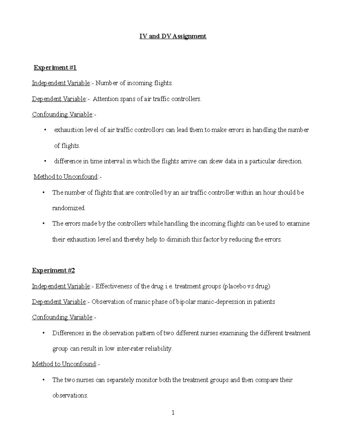 IV and DV Assignment 2 - Experimental answers - IV and DV Assignment Experiment # Independent ...