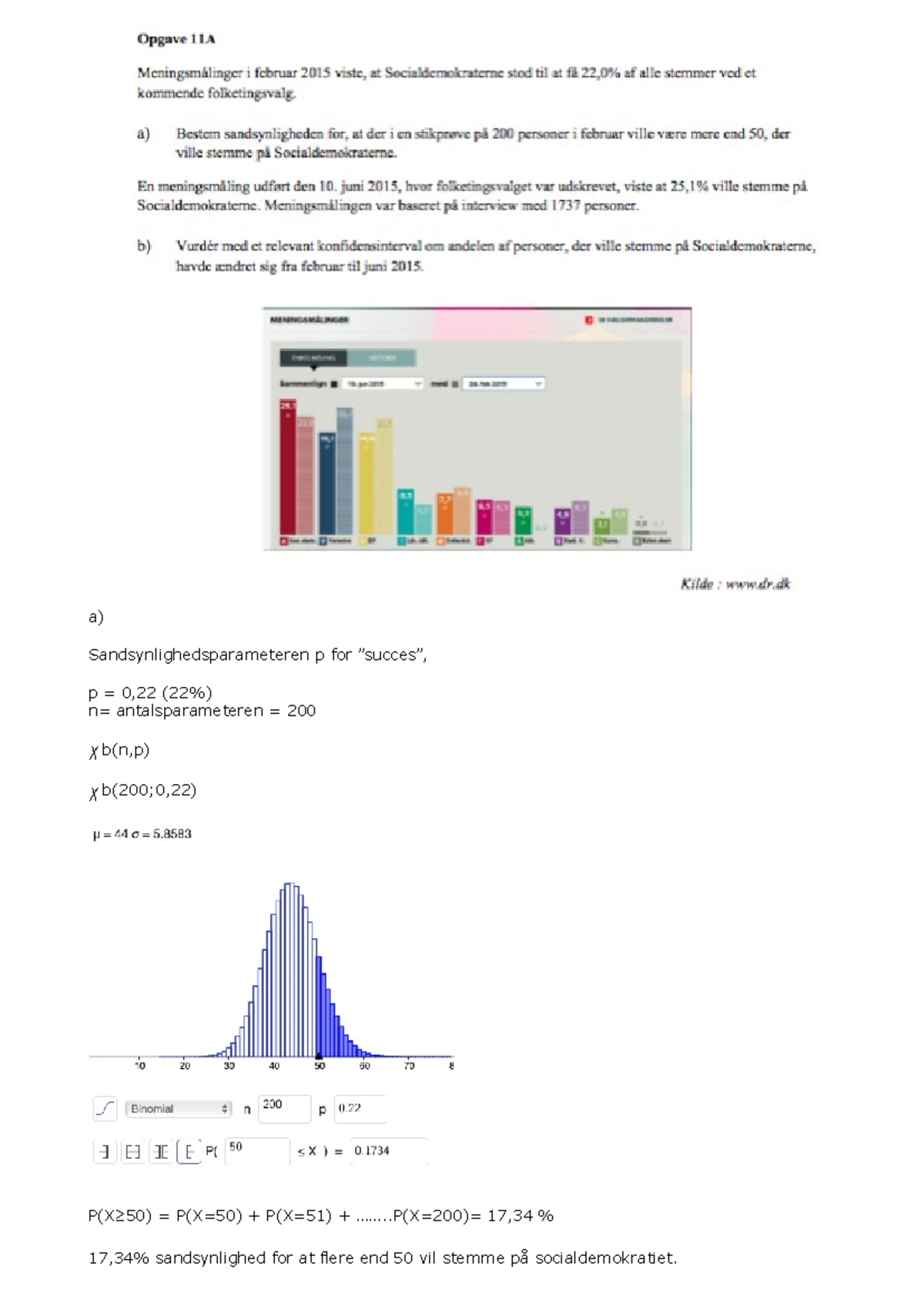 Eksamensopgaver, binomialfordeling - a) Sandsynlighedsparameteren p for ”succes”, p = 0,22 (22% ...