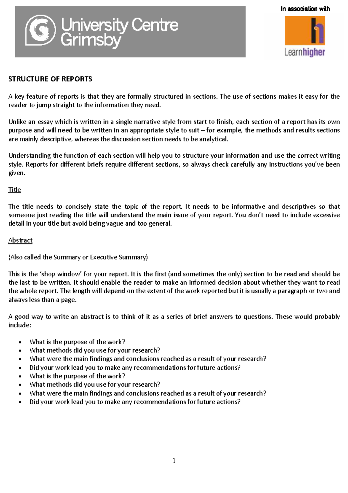 Structure of Reports Learnhigher Structure of Reports Learnhigher ...