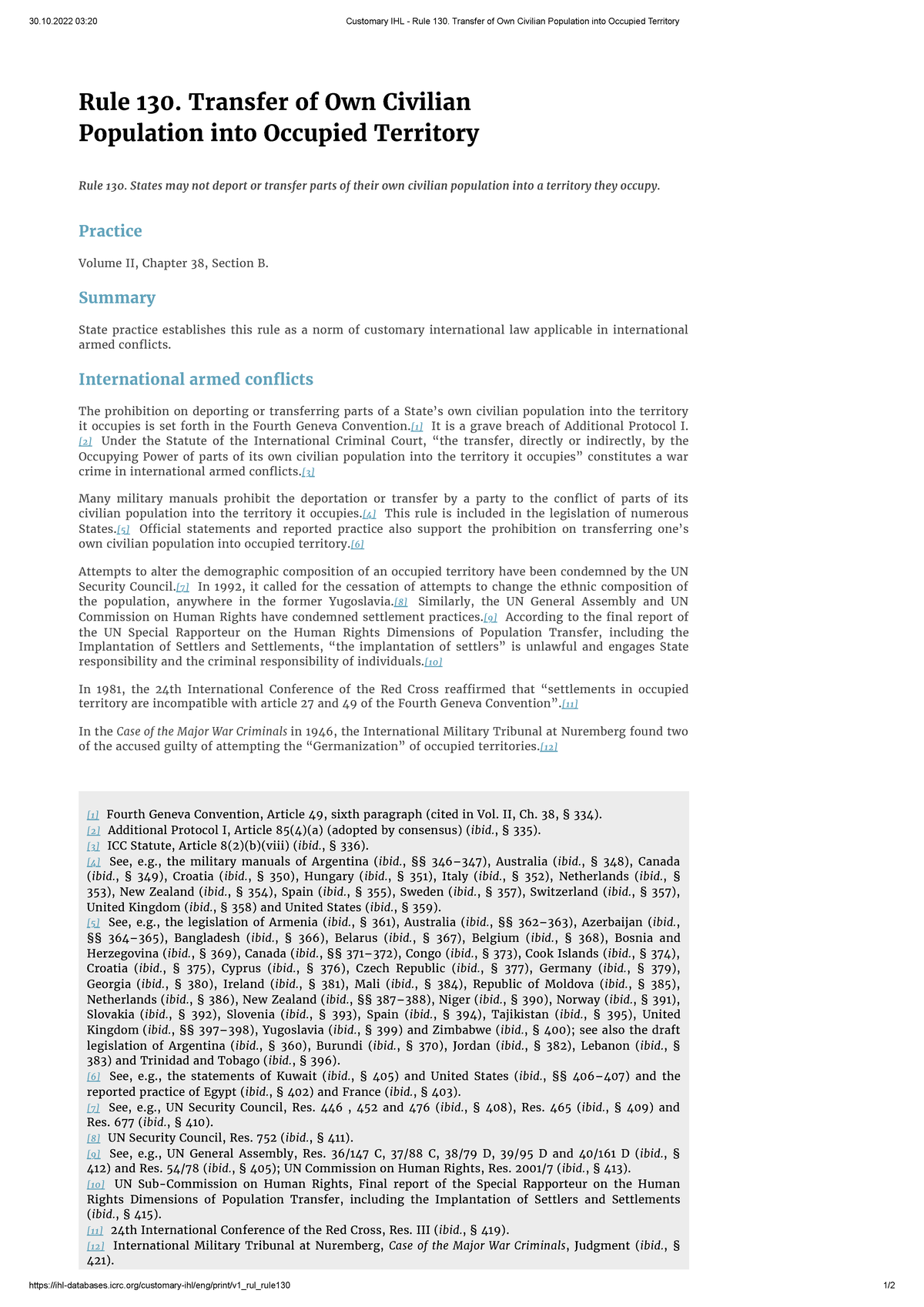 Customary IHL - Rule 130. Transfer of Own Civilian Population into ...