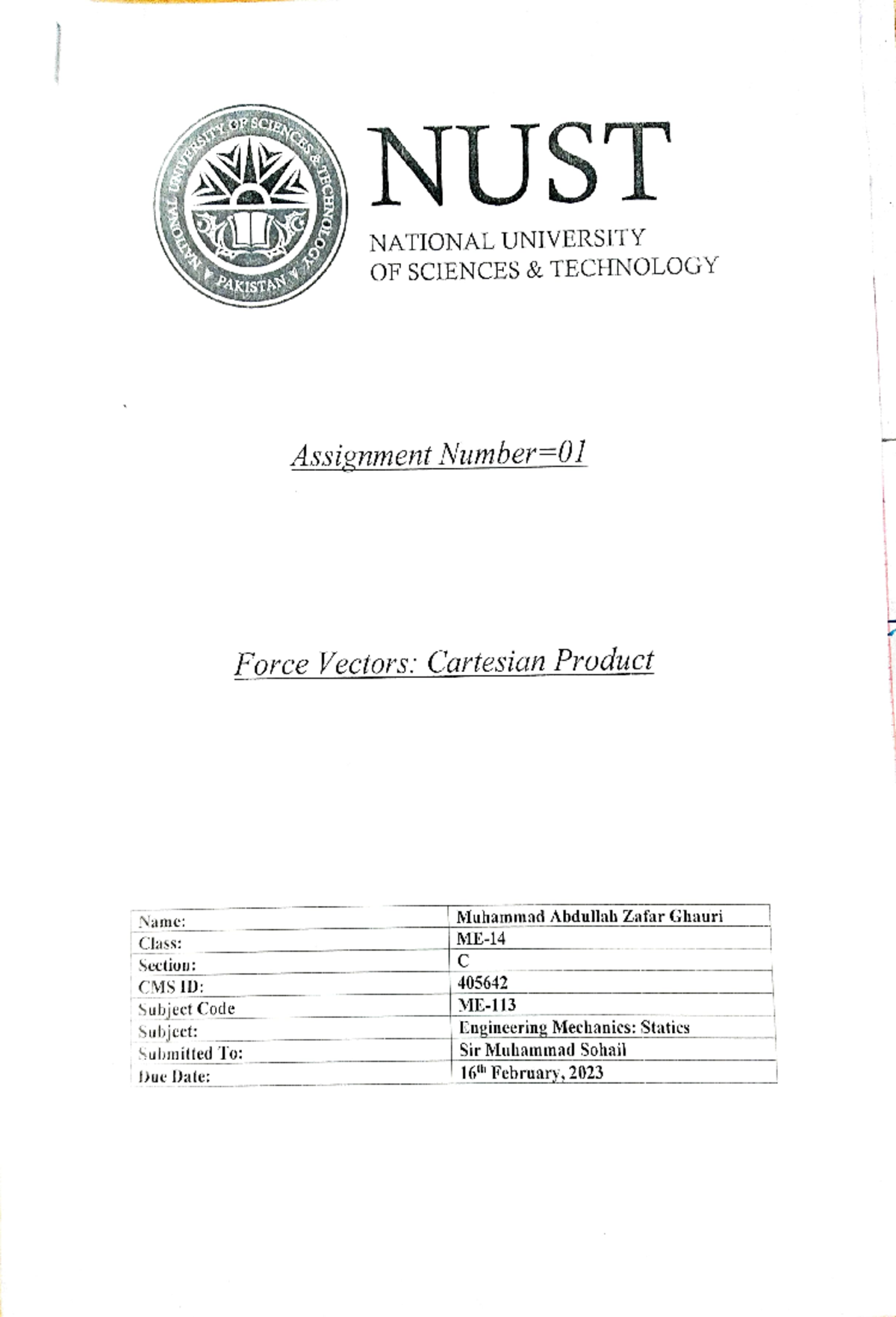 Assignment 1 (Force Vectors: Cartesian Product) - OF cuENCES NUST BS ...