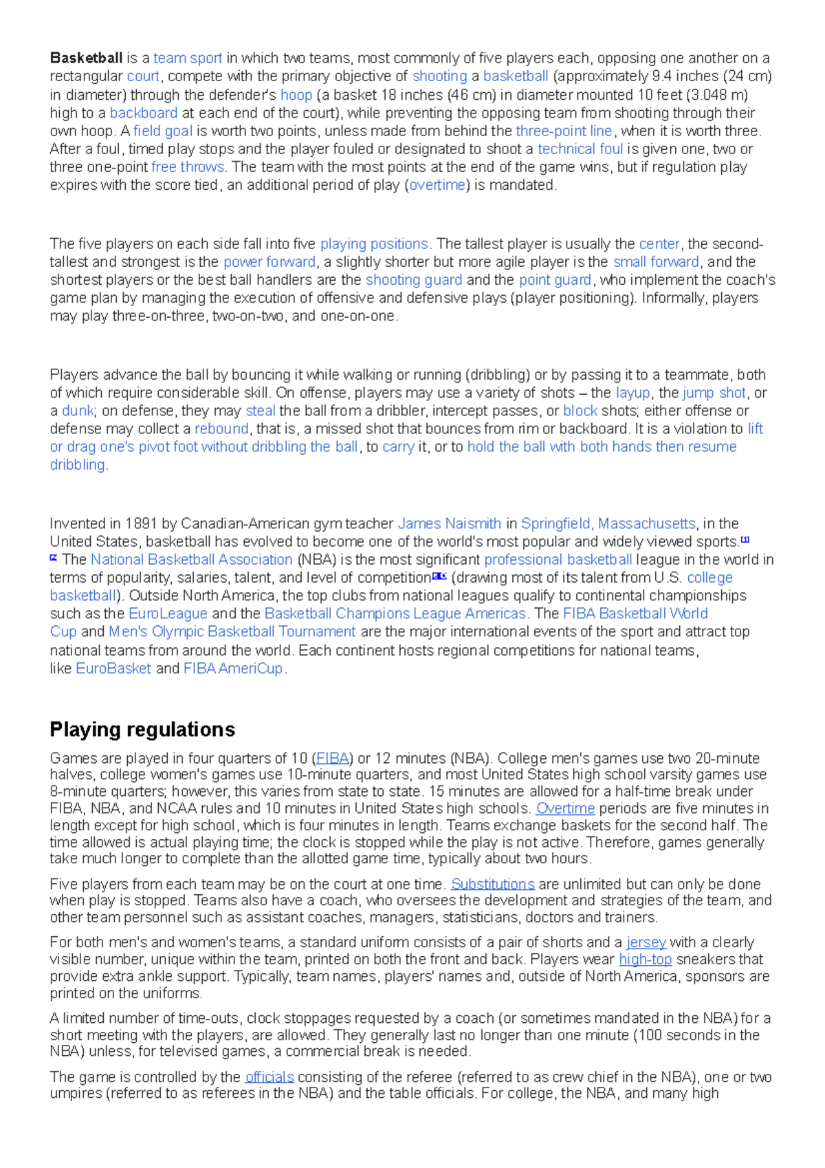 Basketball Hand Out - Basketball is a team sport in which two teams ...