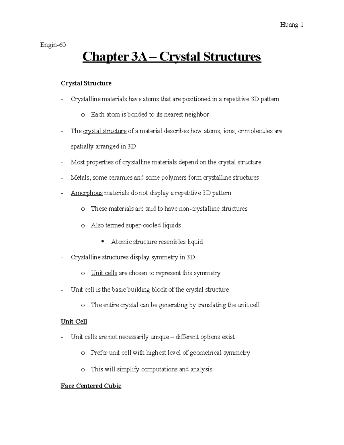 Chapter 3a Notes - Huang 1 Engin- Chapter 3A – Crystal Structures ...