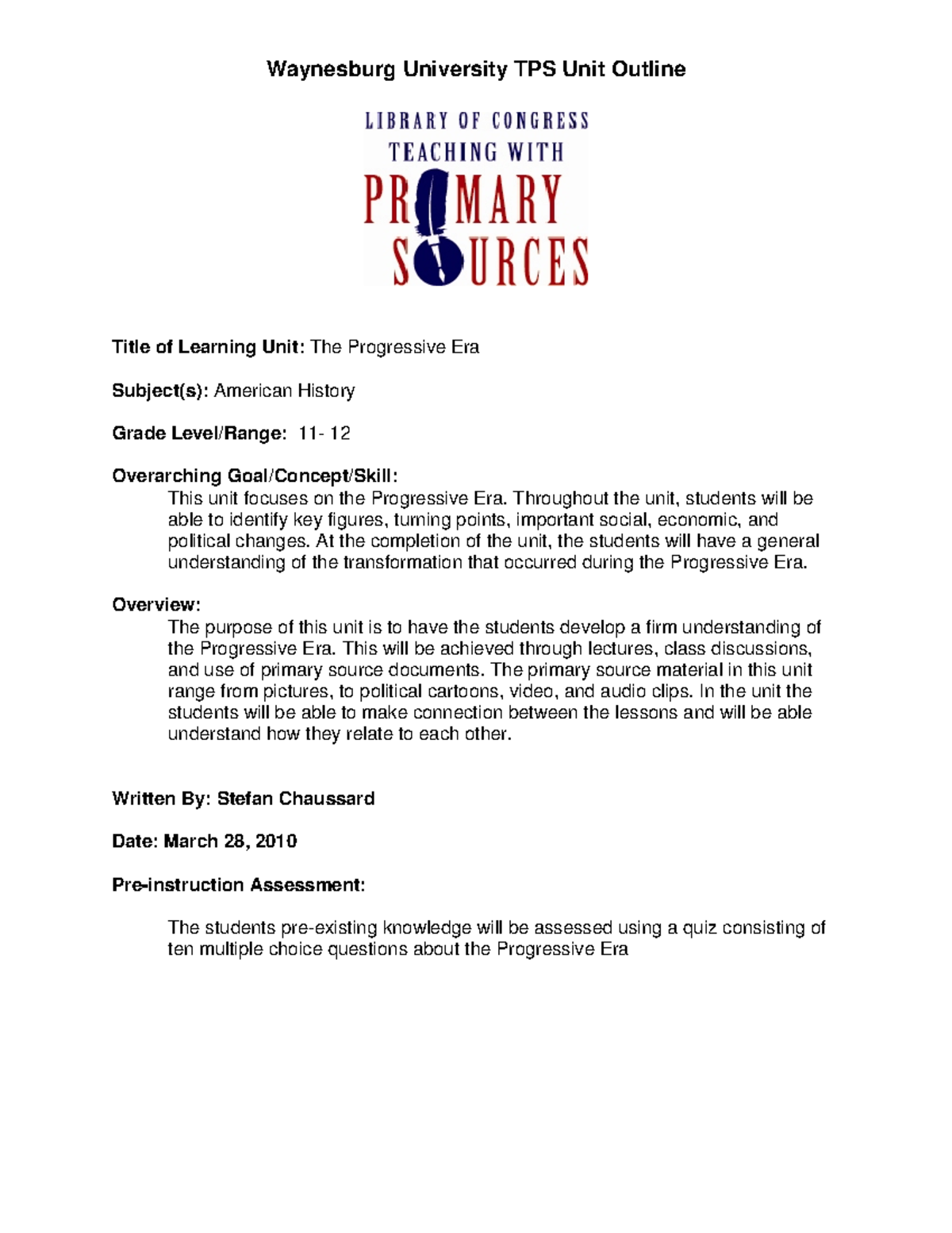 Progressive Era - Information - Title of Learning Unit: The Progressive ...