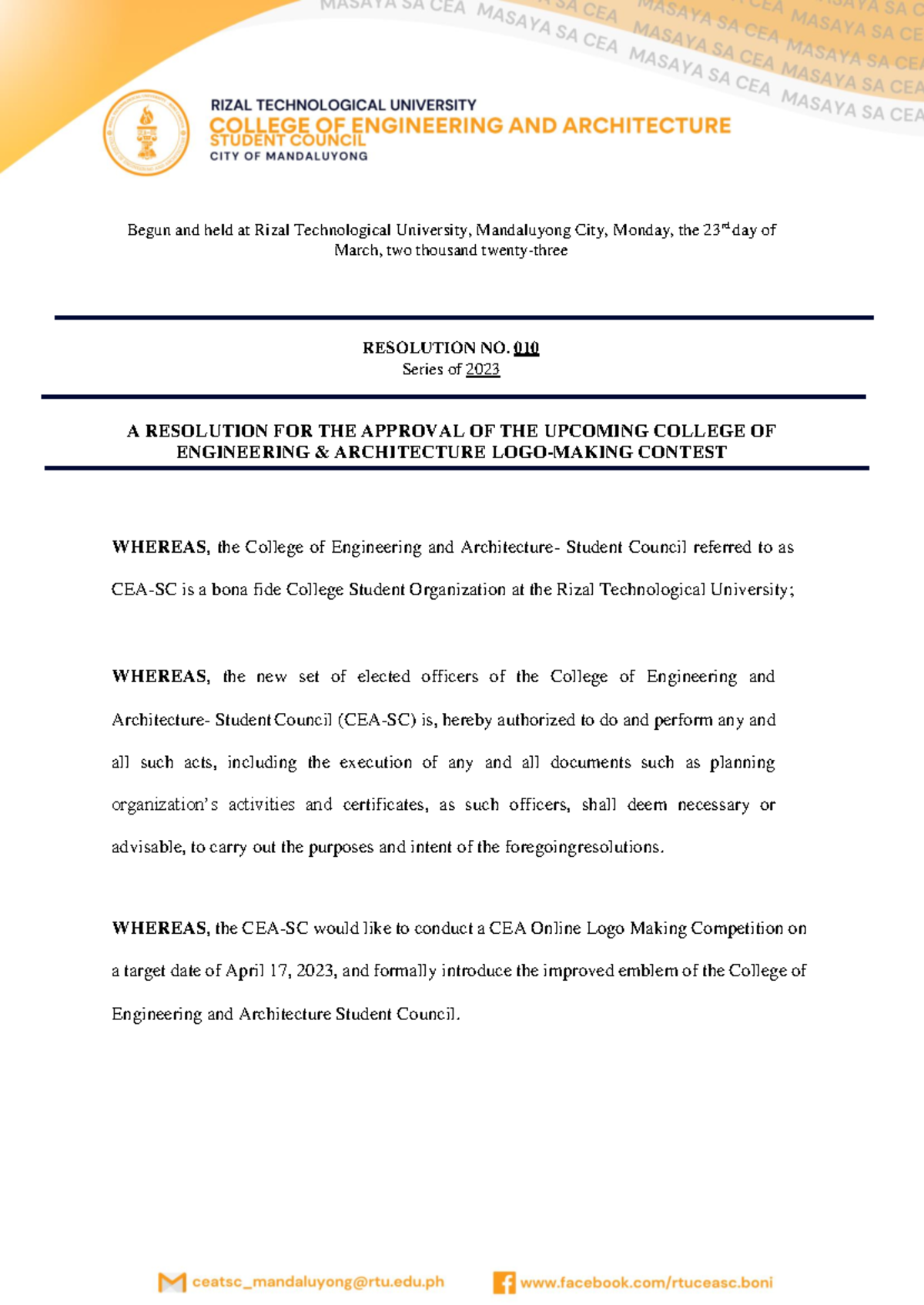 Resolution-No - N/A - Begun and held at Rizal Technological University ...