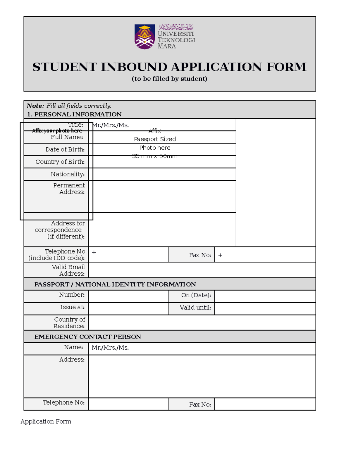 Student Inbound Application Form - STUDENT INBOUND APPLICATION FORM (to ...