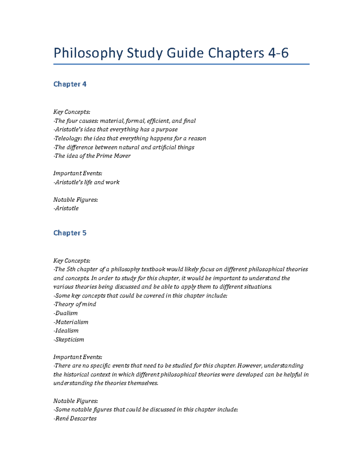 Philosophy Study Guide Chapters 4-6 - Philosophy Study Guide Chapters 4- Chapter 4 Key Concepts ...