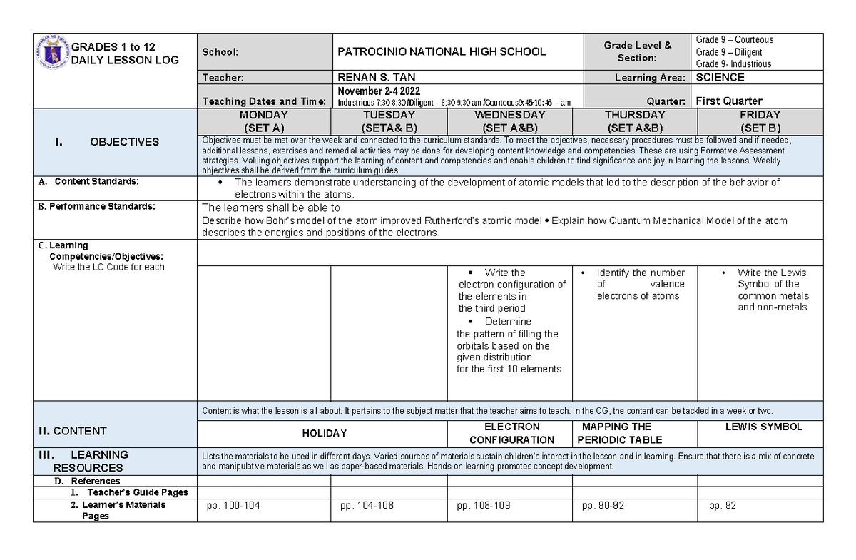 Week 1 - Week 1 dll for science 9, Q2 - GRADES 1 to 12 DAILY LESSON LOG ...