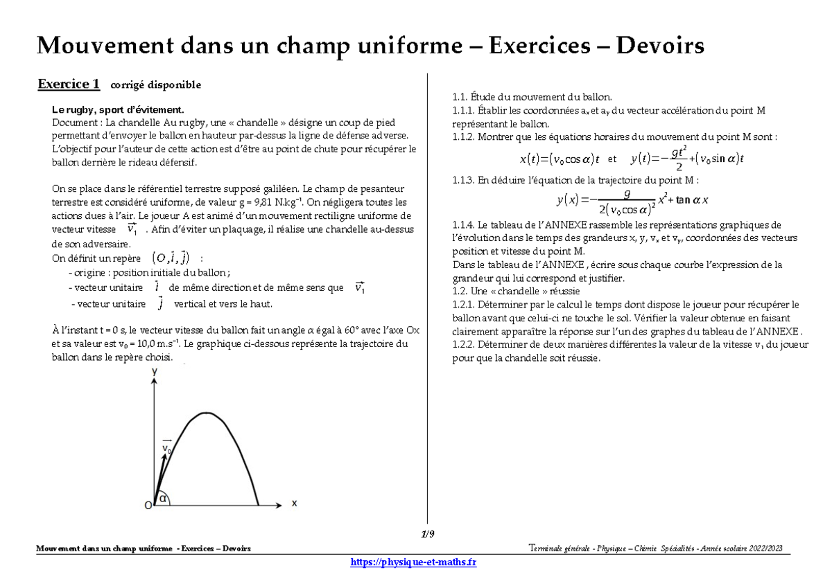 Champ uniforme exercices - Mouvement dans un champ uniforme – Exercices ...